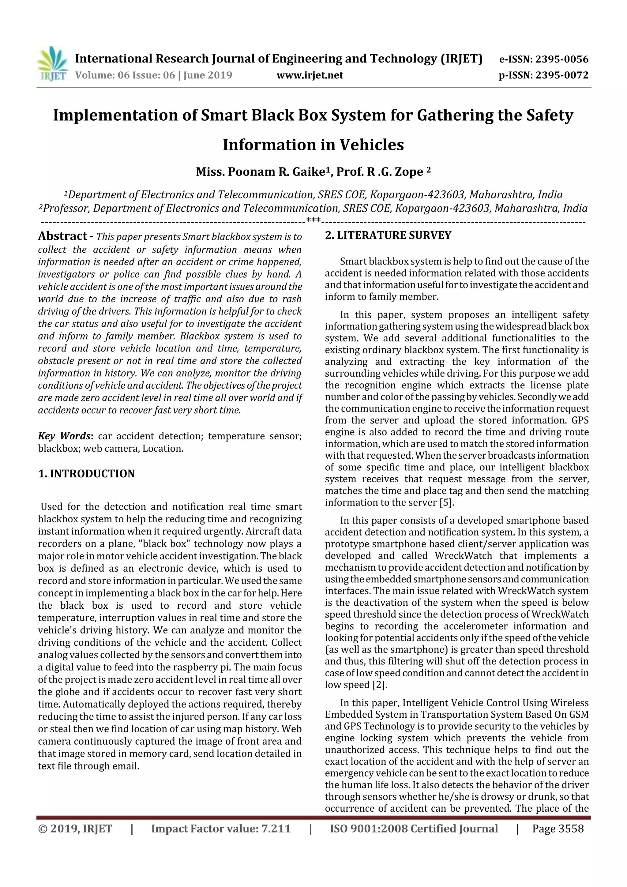 IRJET- Implementation of Smart Black Box System for Gathering the ...