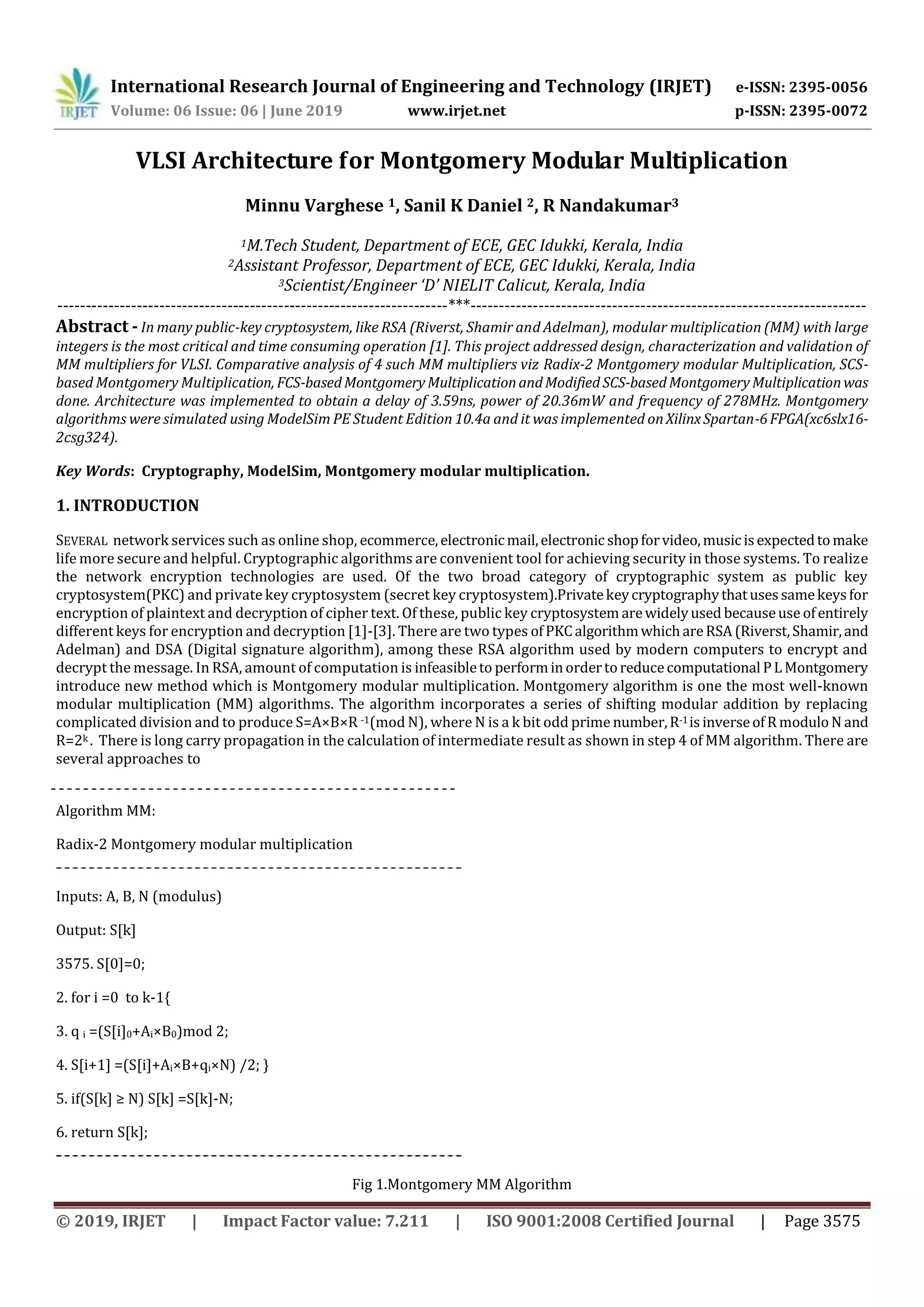 IRJET- VLSI Architecture for Montgomery Modular Multiplication | PDF