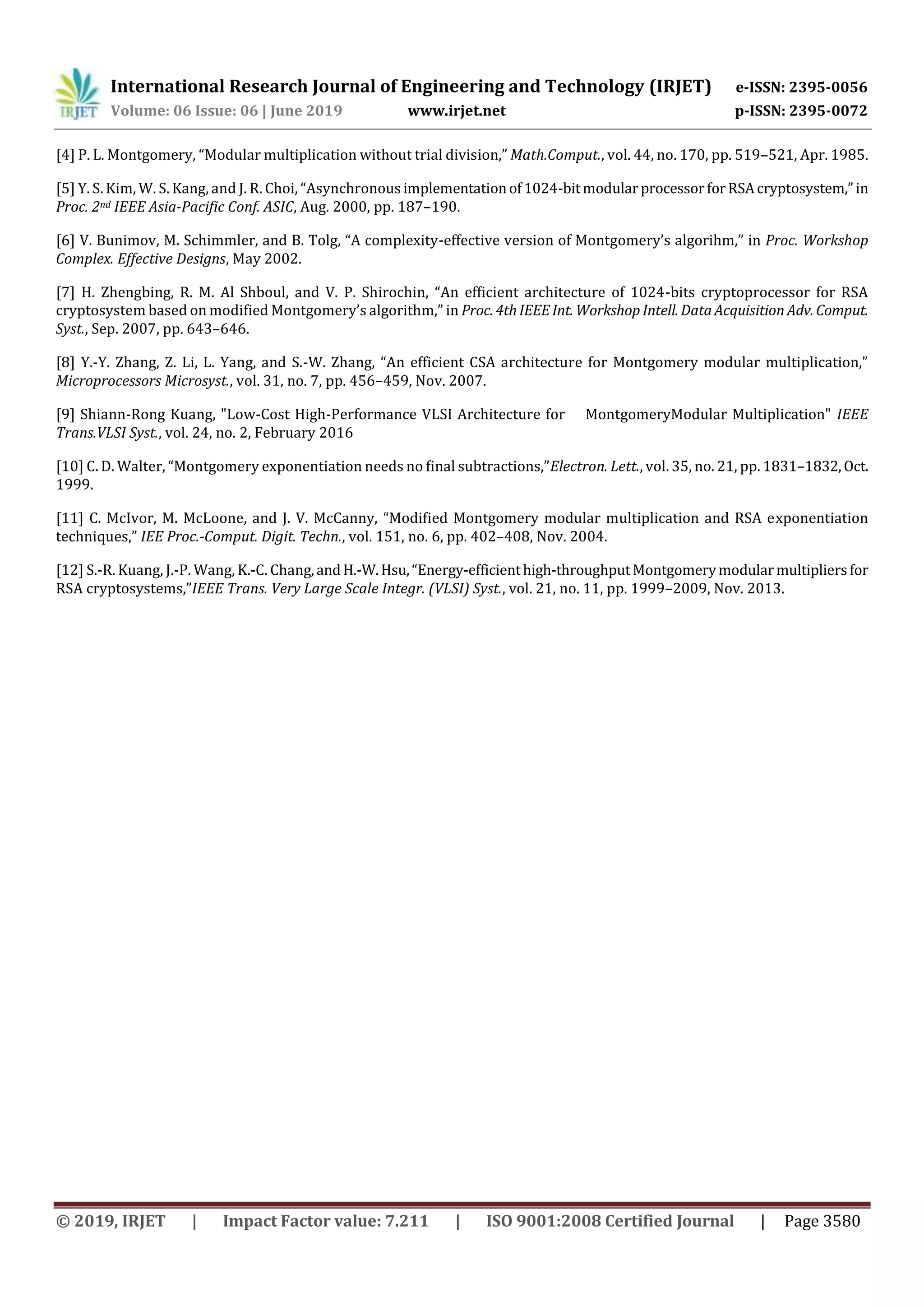 IRJET- VLSI Architecture for Montgomery Modular Multiplication | PDF