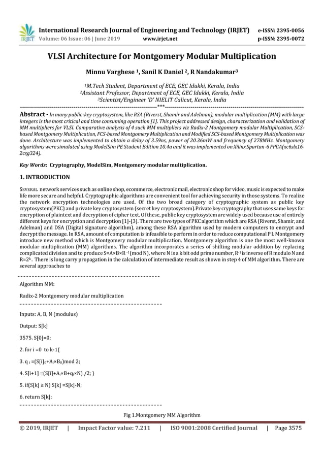Irjet Vlsi Architecture For Montgomery Modular Multiplication Pdf