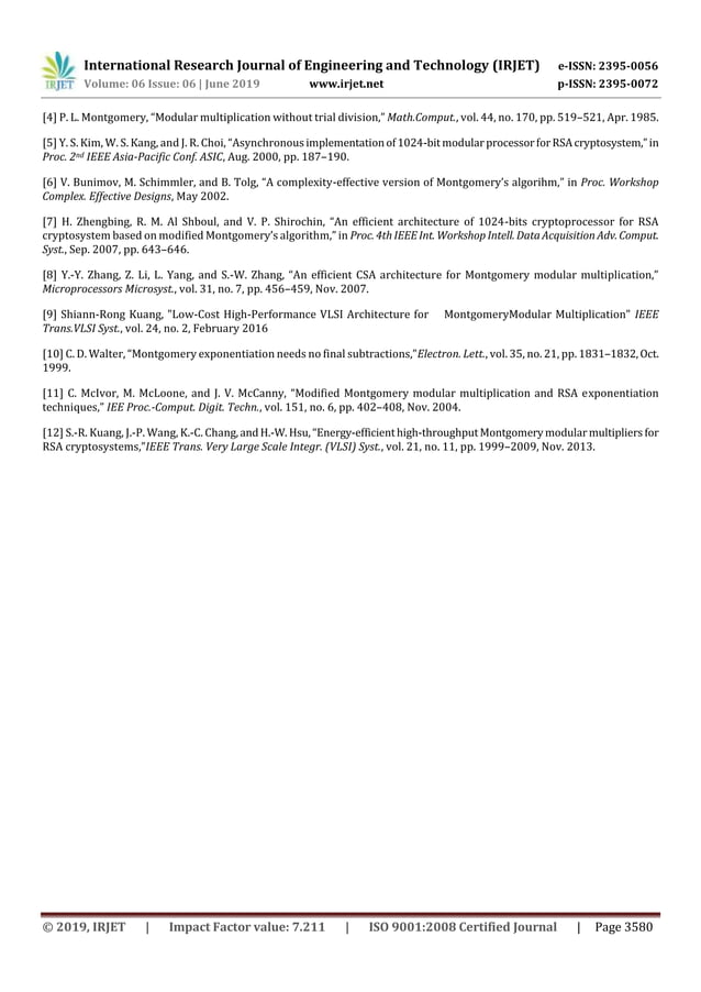 Irjet Vlsi Architecture For Montgomery Modular Multiplication Pdf