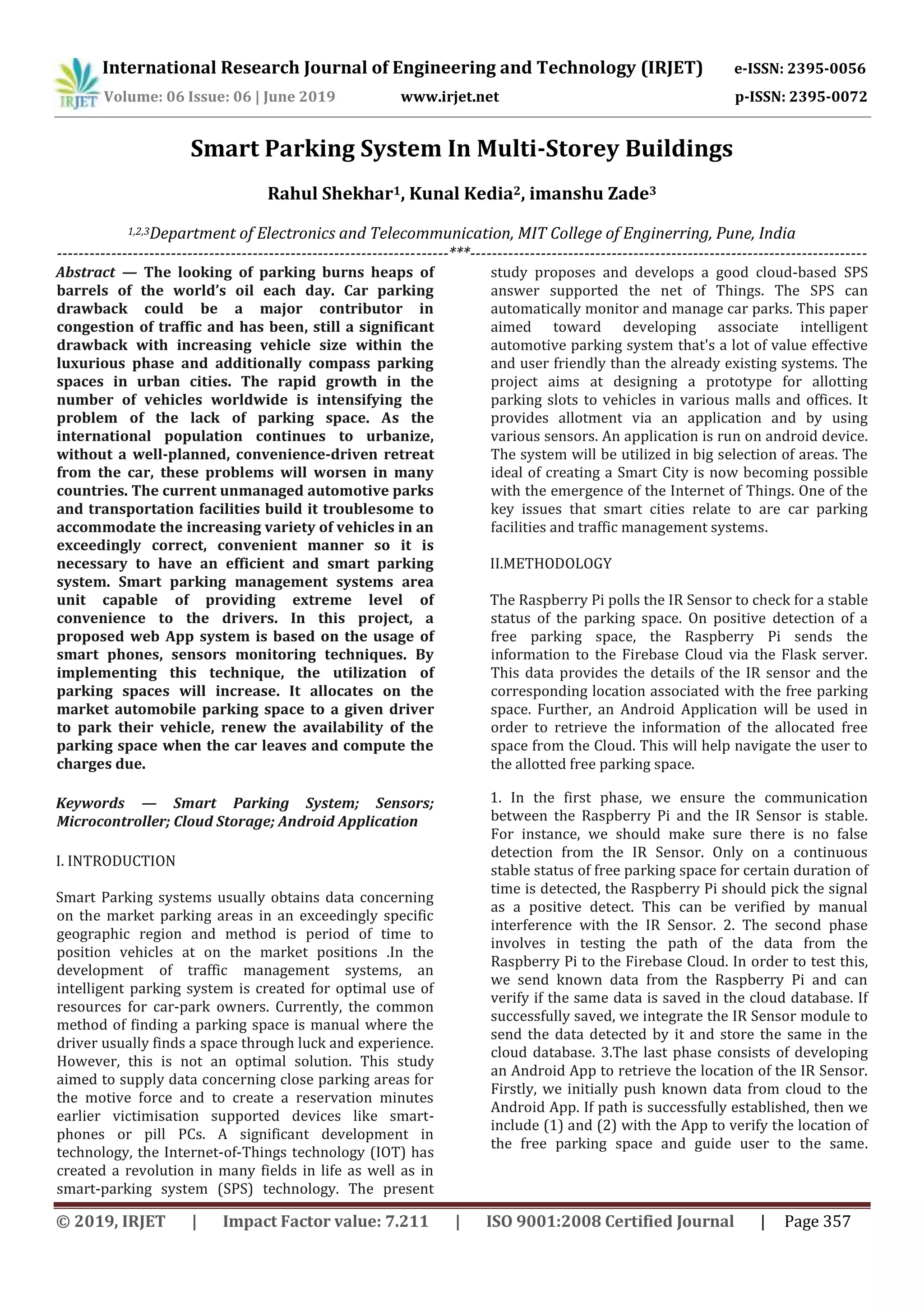 IRJET- Smart Parking System in Multi-Storey Buildings | PDF