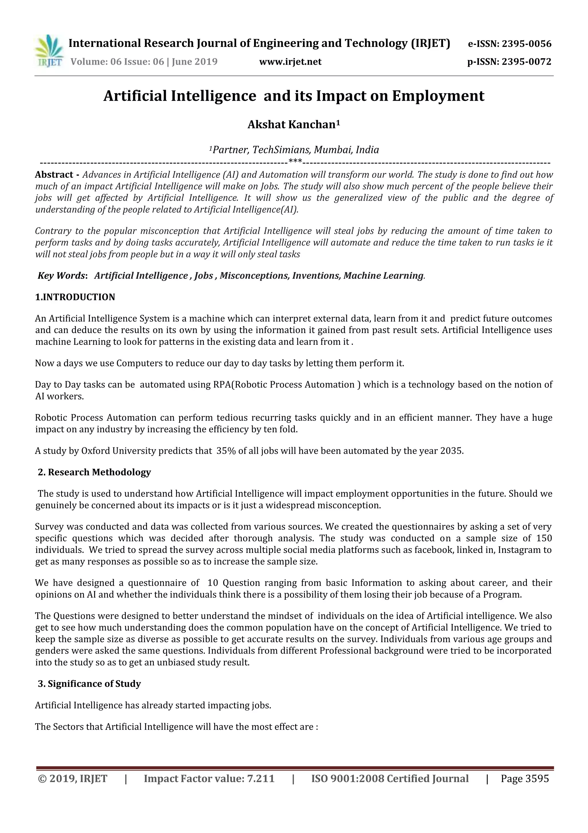 IRJET- Artificial Intelligence and its Impact on Employment | PDF