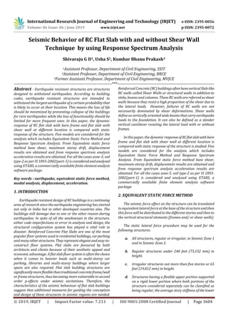 IRJET- Seismic Behavior of RC Flat Slab with and without Shear Wall Technique by using Response ...