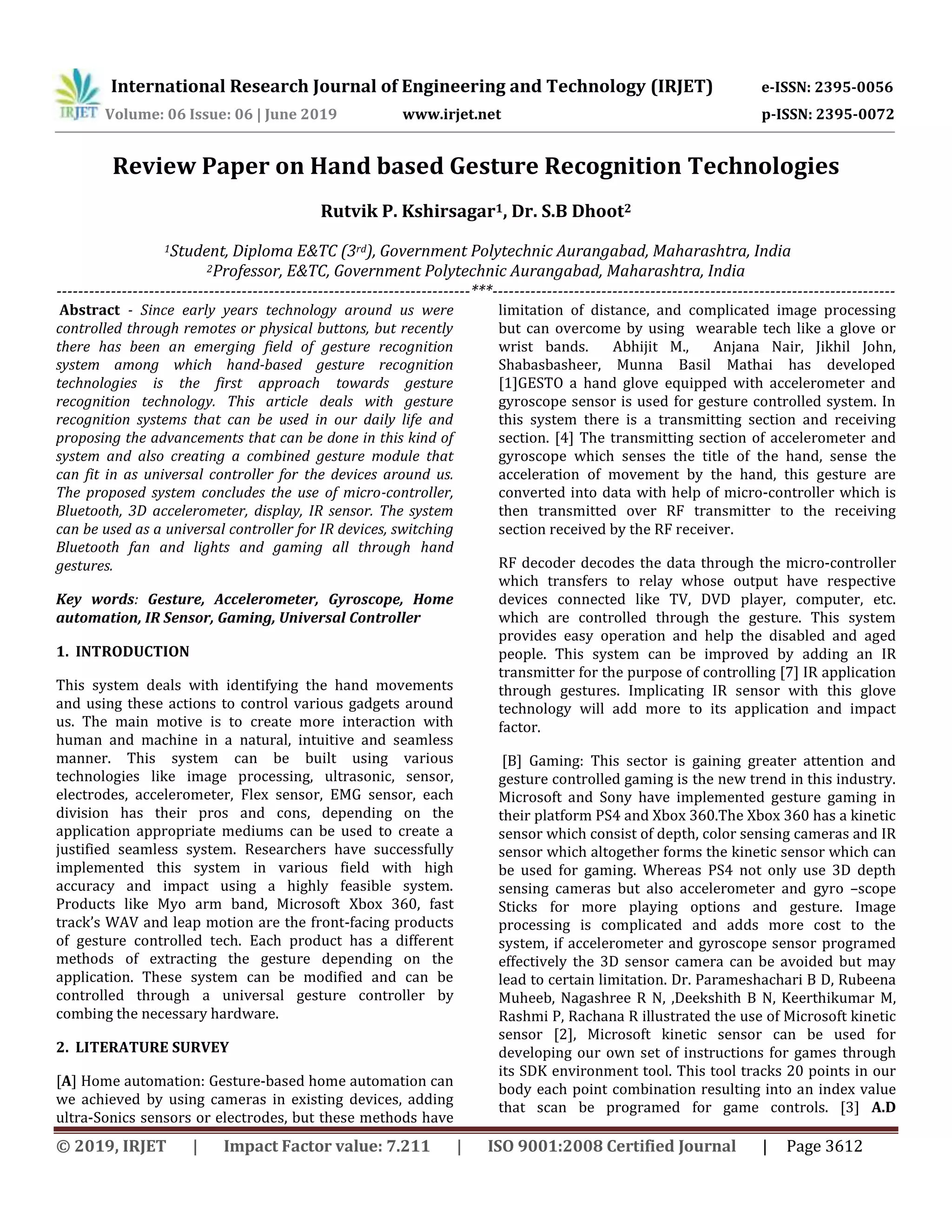 IRJET- Review Paper on Hand Based Gesture Recognition Technologies | PDF