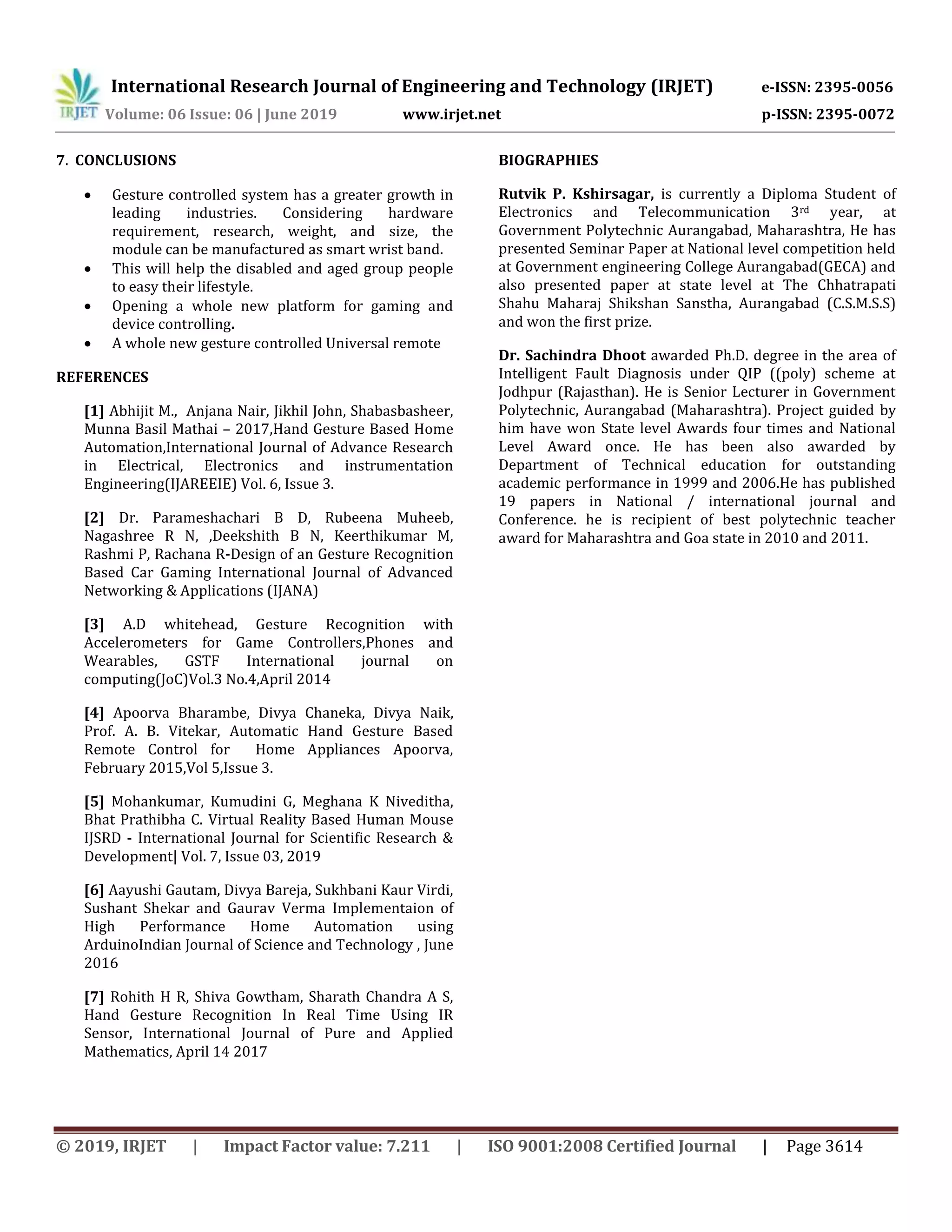IRJET- Review Paper on Hand Based Gesture Recognition Technologies | PDF