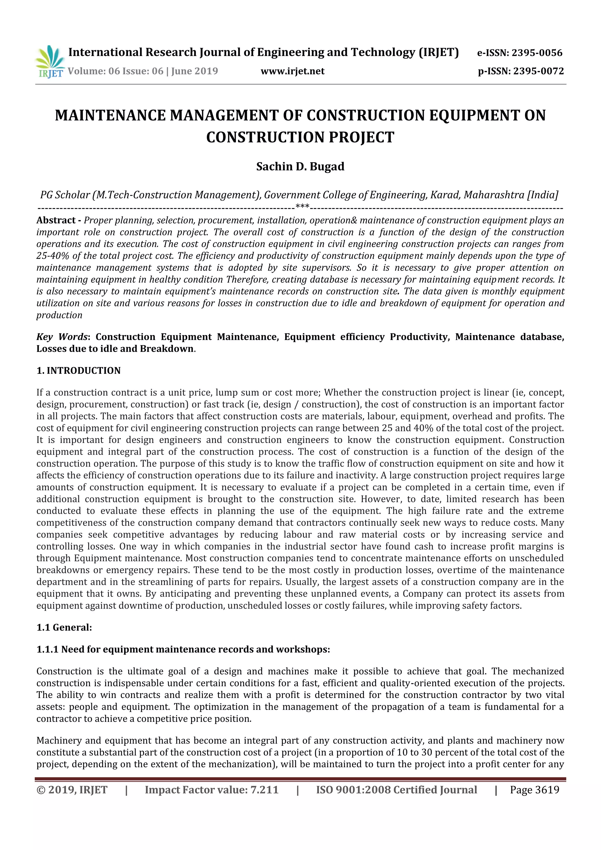IRJET- Maintenance Management of Construction Equipment on Construction ...
