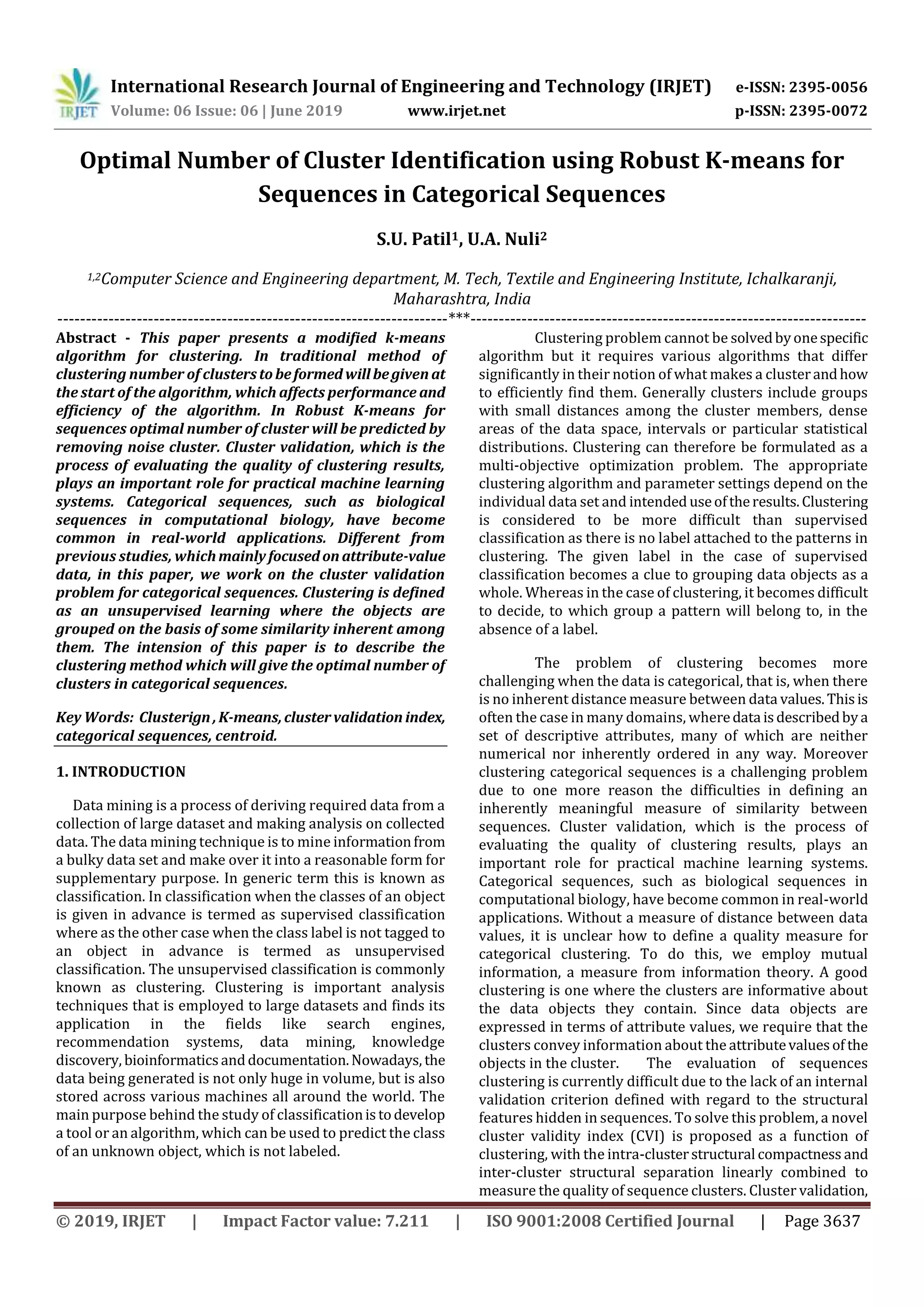 IRJET- Optimal Number of Cluster Identification using Robust K-Means for Sequences in ...