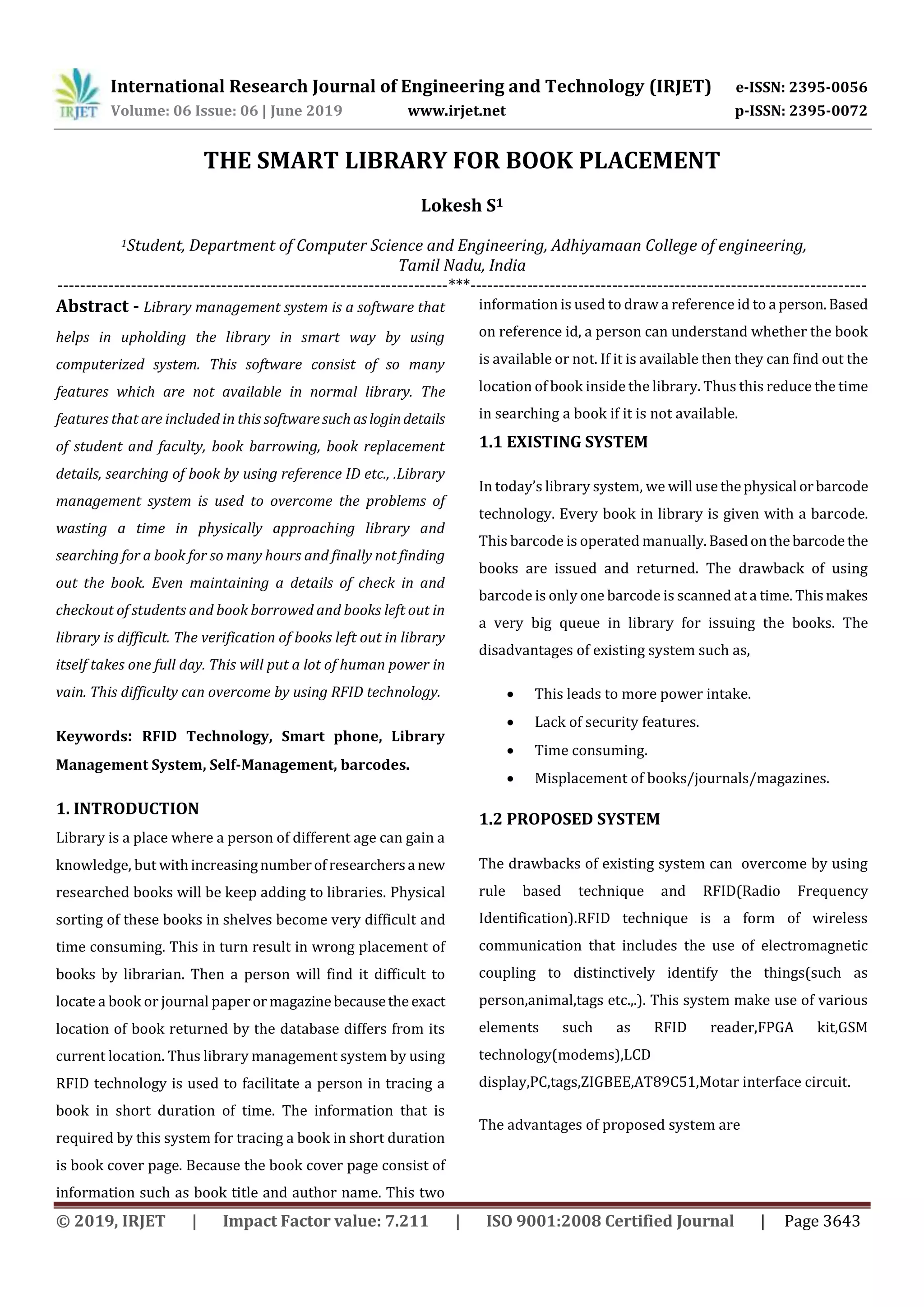 IRJET- The Smart Library for Book Placement | PDF