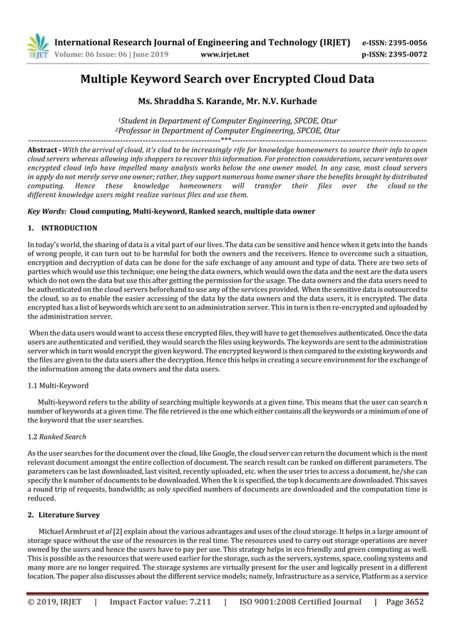 IRJET- Multiple Keyword Search over Encrypted Cloud Data | PDF