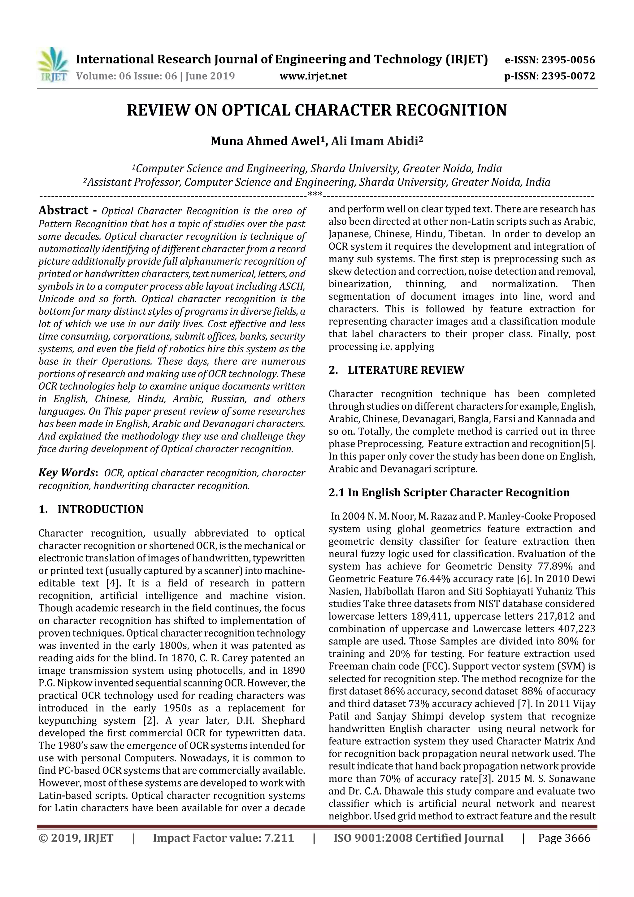 IRJET- Review on Optical Character Recognition | PDF