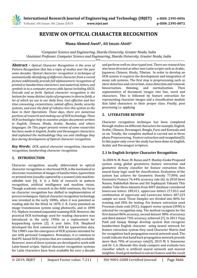 IRJET- Review on Optical Character Recognition | PDF