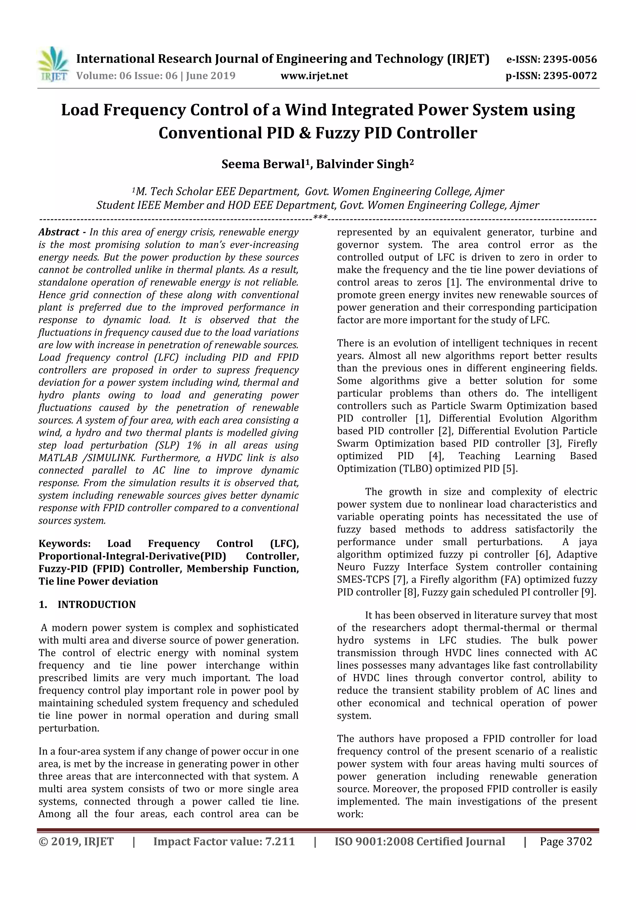IRJET- Load Frequency Control of a Wind Integrated Power System using Conventional PID & Fuzzy ...