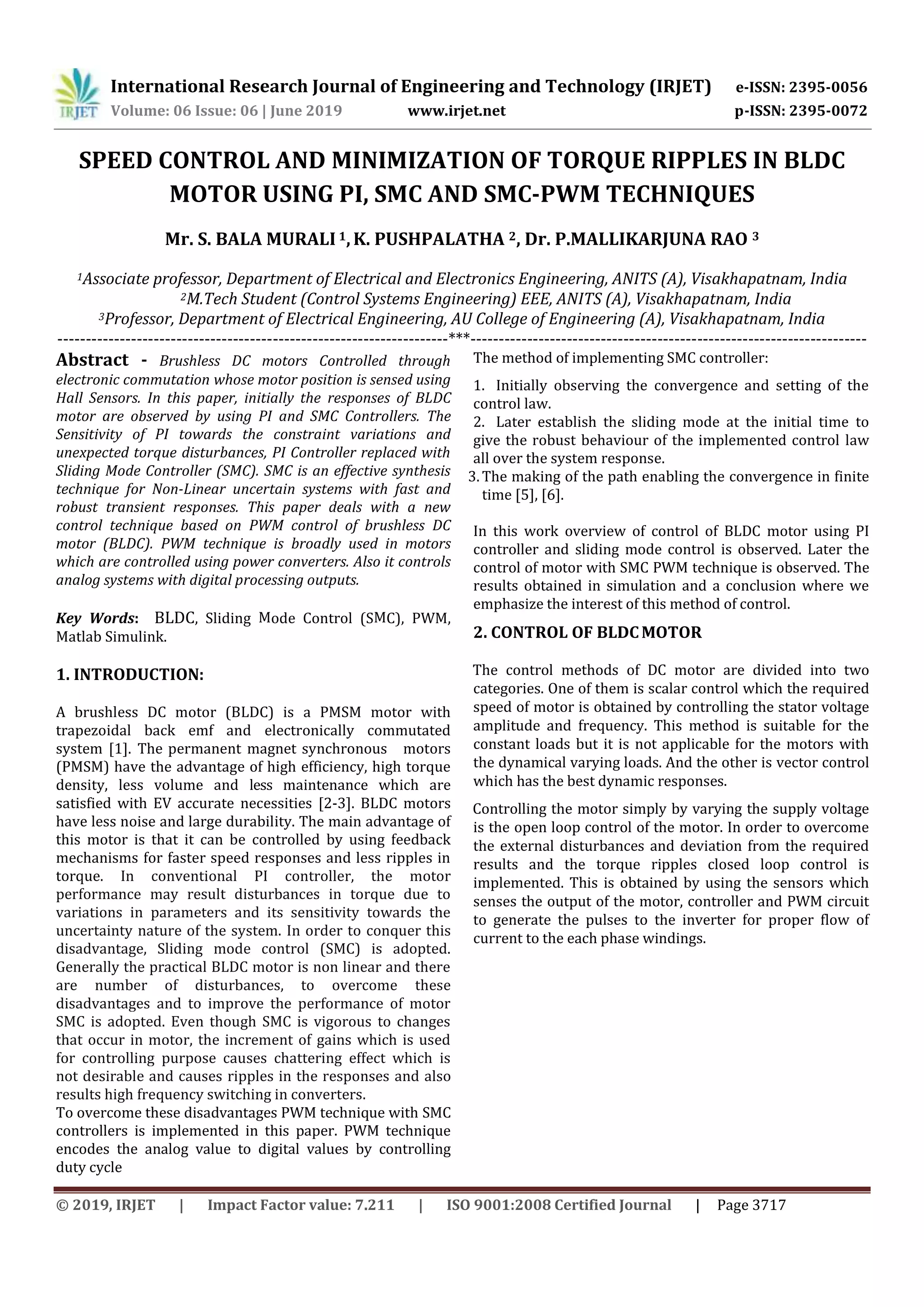 Irjet Speed Control And Minimization Of Torque Ripples In Bldc Motor Using Pi Smc And Smc Pwm