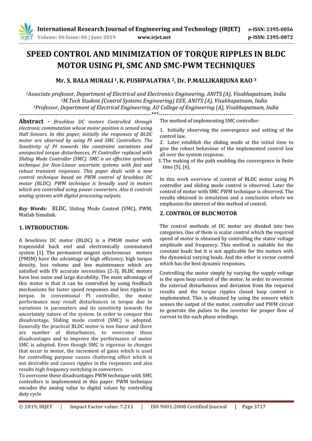 IRJET- Speed Control and Minimization of Torque Ripples in BLDC Motor using Pi, SMC and SMC-PWM ...