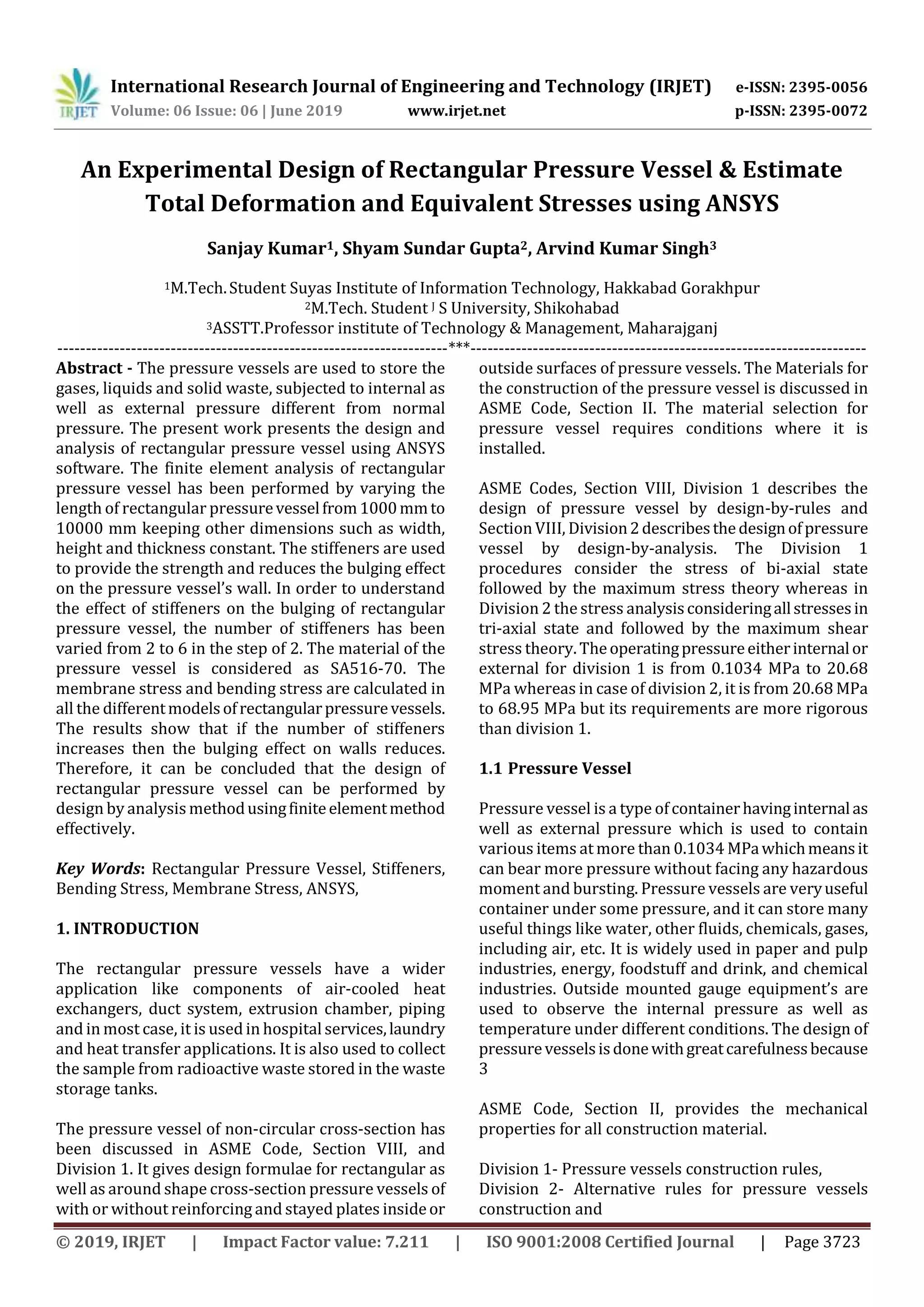 IRJET- An Experimental Design of Rectangular Pressure Vessel & Estimate ...
