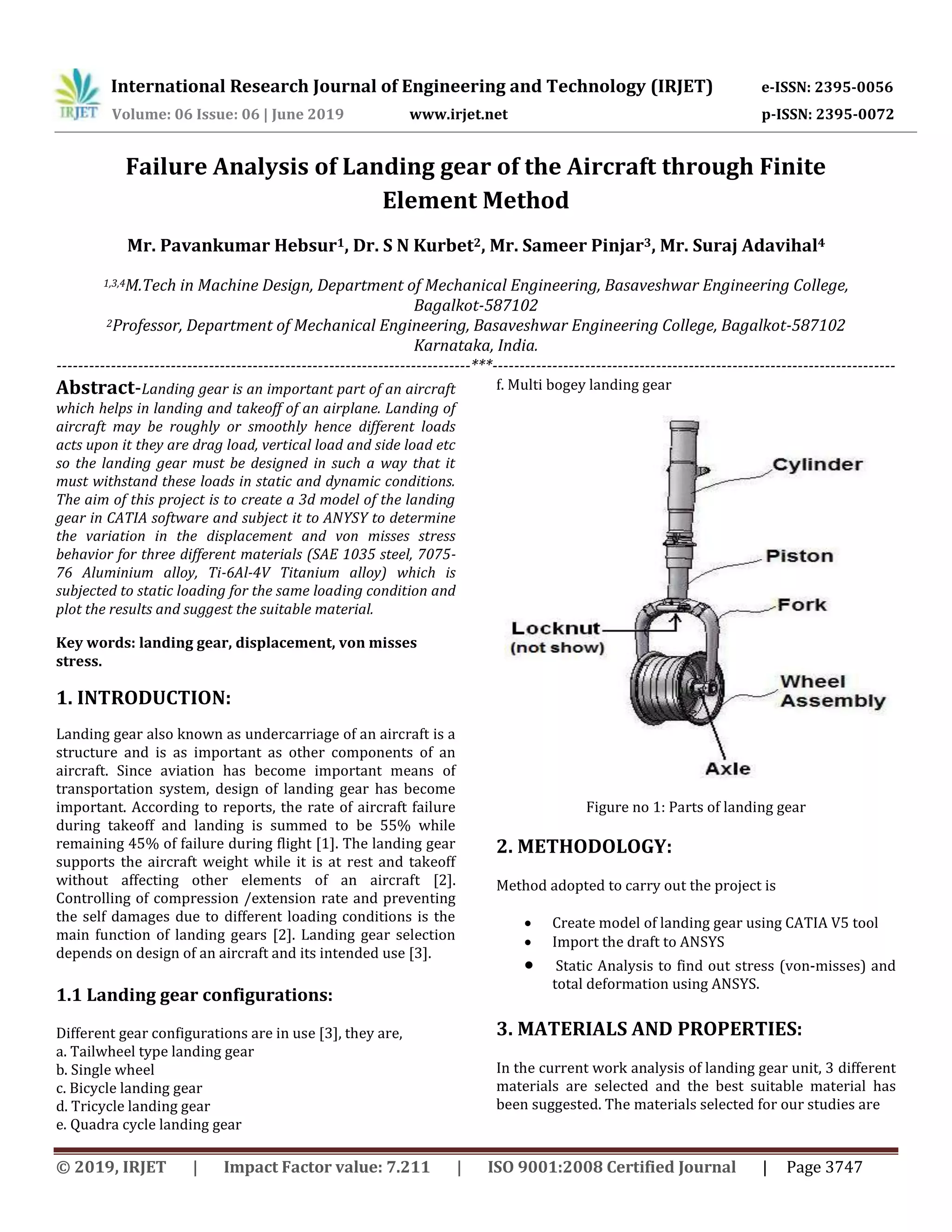 IRJET- Failure Analysis of Landing Gear of the Aircraft Through Finite ...
