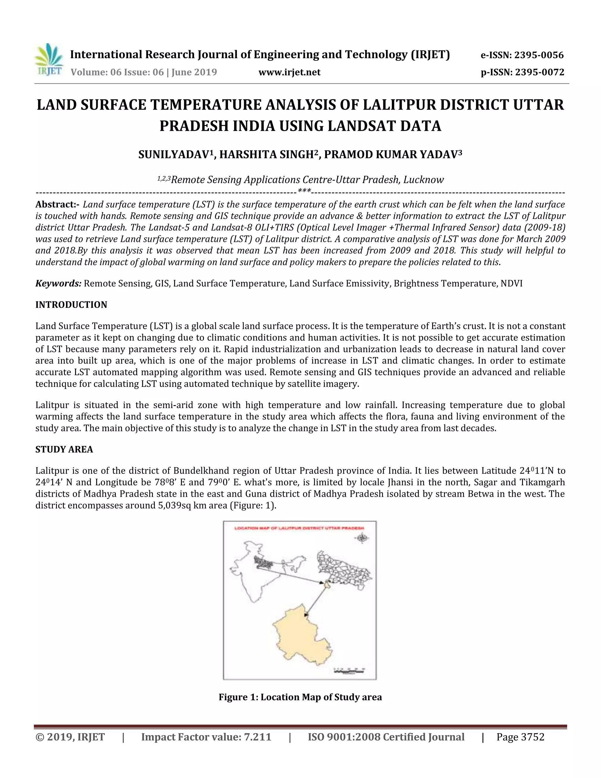 IRJET- Land Surface Temperature Analysis of Lalitpur District Uttar Pradesh India using Landsat ...