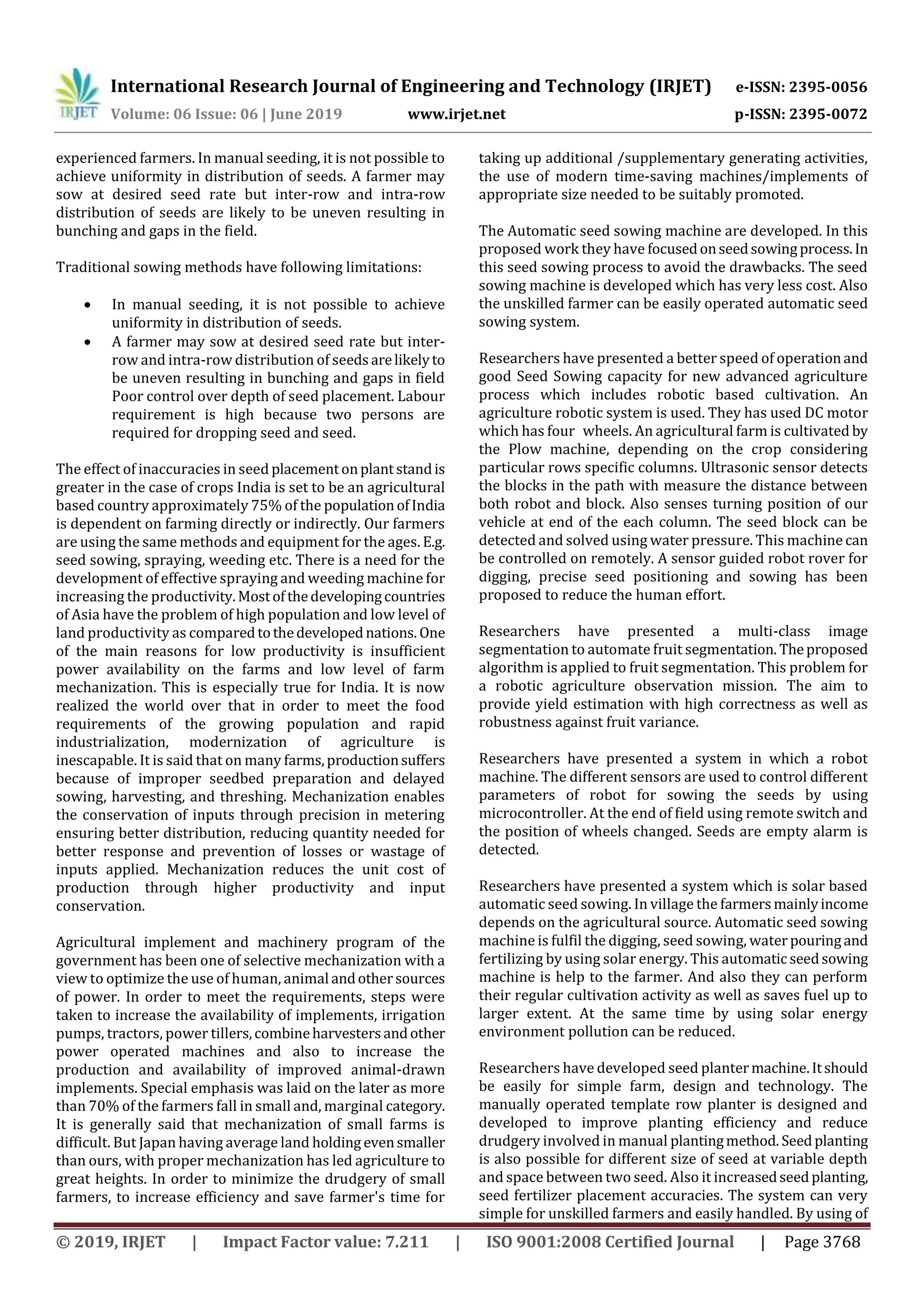 IRJET- Design and Fabrication of Manually Operated Seed Sowing Machine | PDF