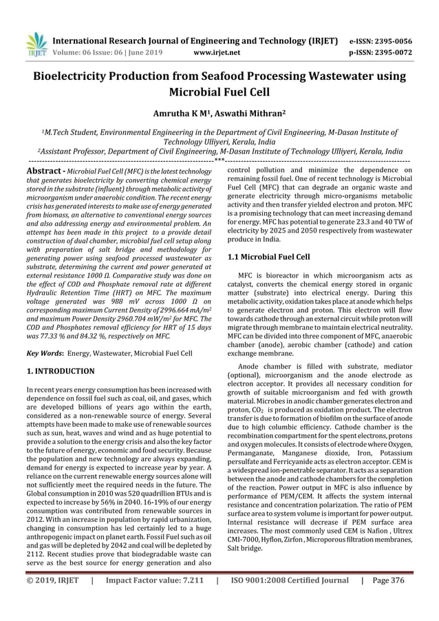 IRJET- Bioelectricity Production from Seafood Processing Wastewater using Microbial Fuel Cell | PDF