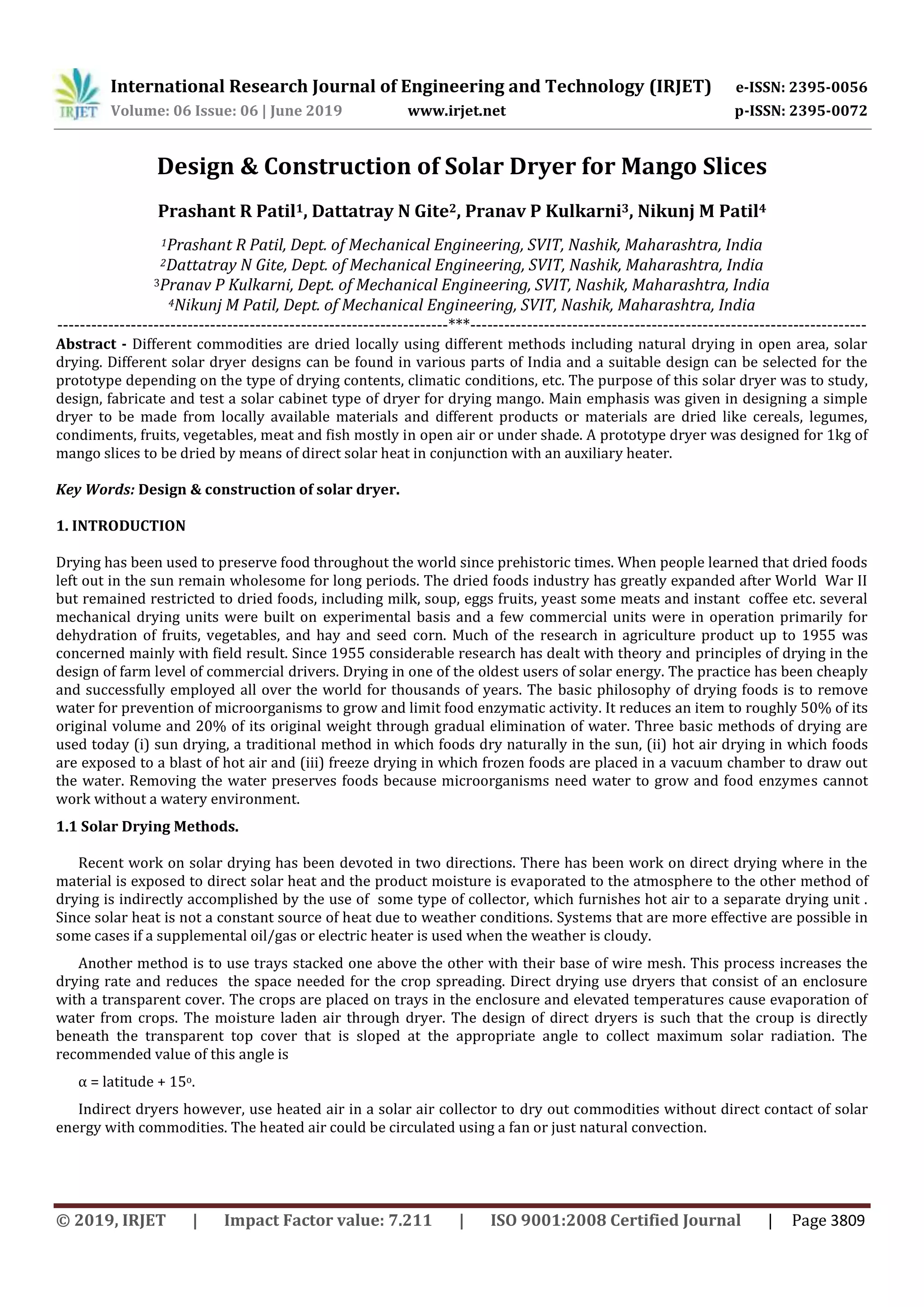 IRJET- Design & Construction of Solar Dryer for Mango Slices | PDF