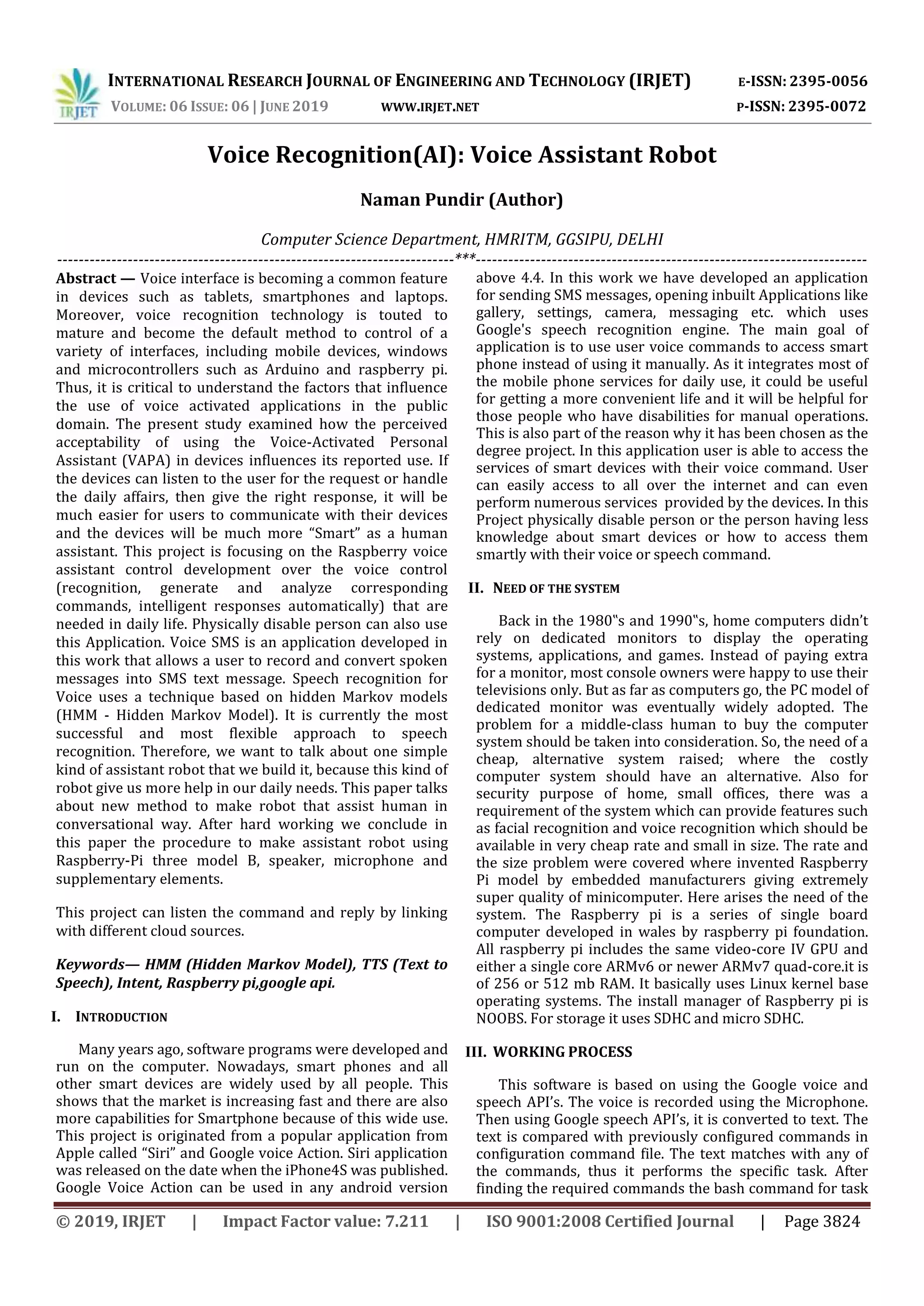 IRJET- Voice Recognition(AI) : Voice Assistant Robot | PDF | Operating ...