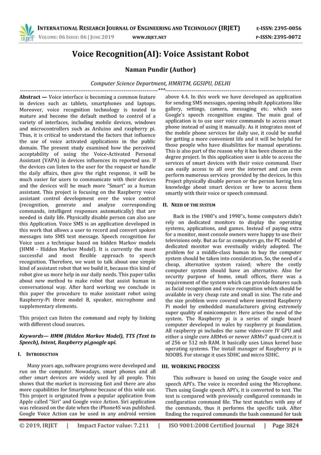IRJET- Voice Recognition(AI) : Voice Assistant Robot | PDF | Operating Systems | Computer ...