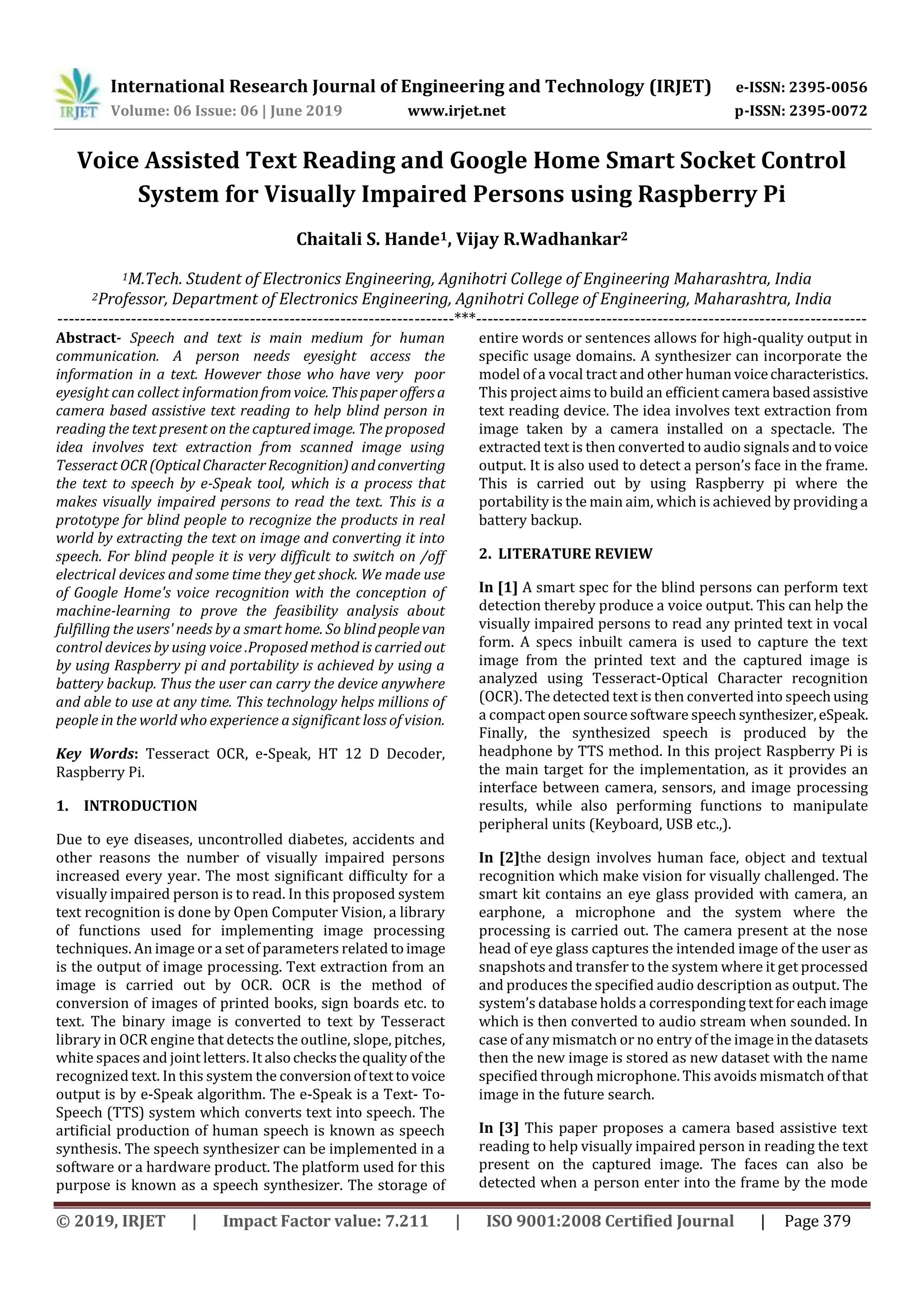 IRJET- Voice Assisted Text Reading and Google Home Smart Socket Control System for Visually ...