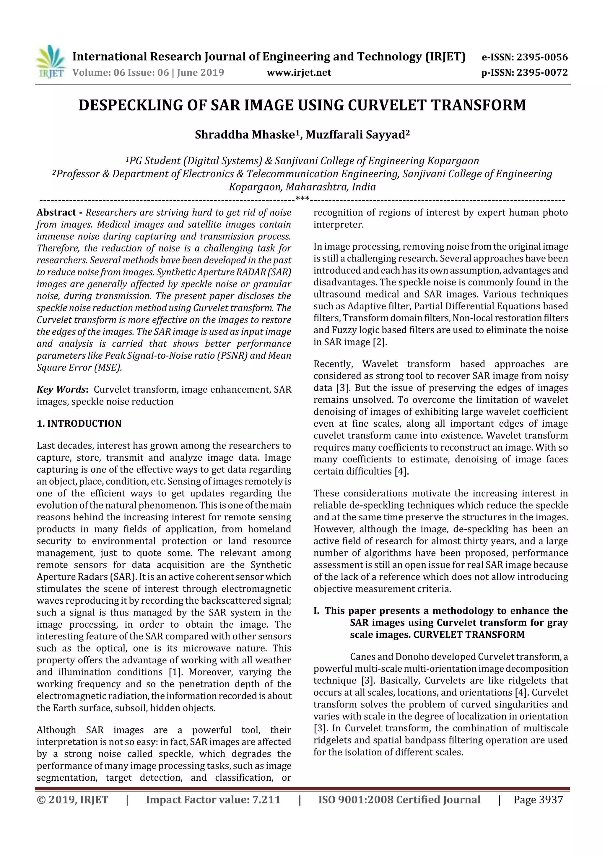 Despeckling Of Sar Image Using Curvelet Transform Pdf