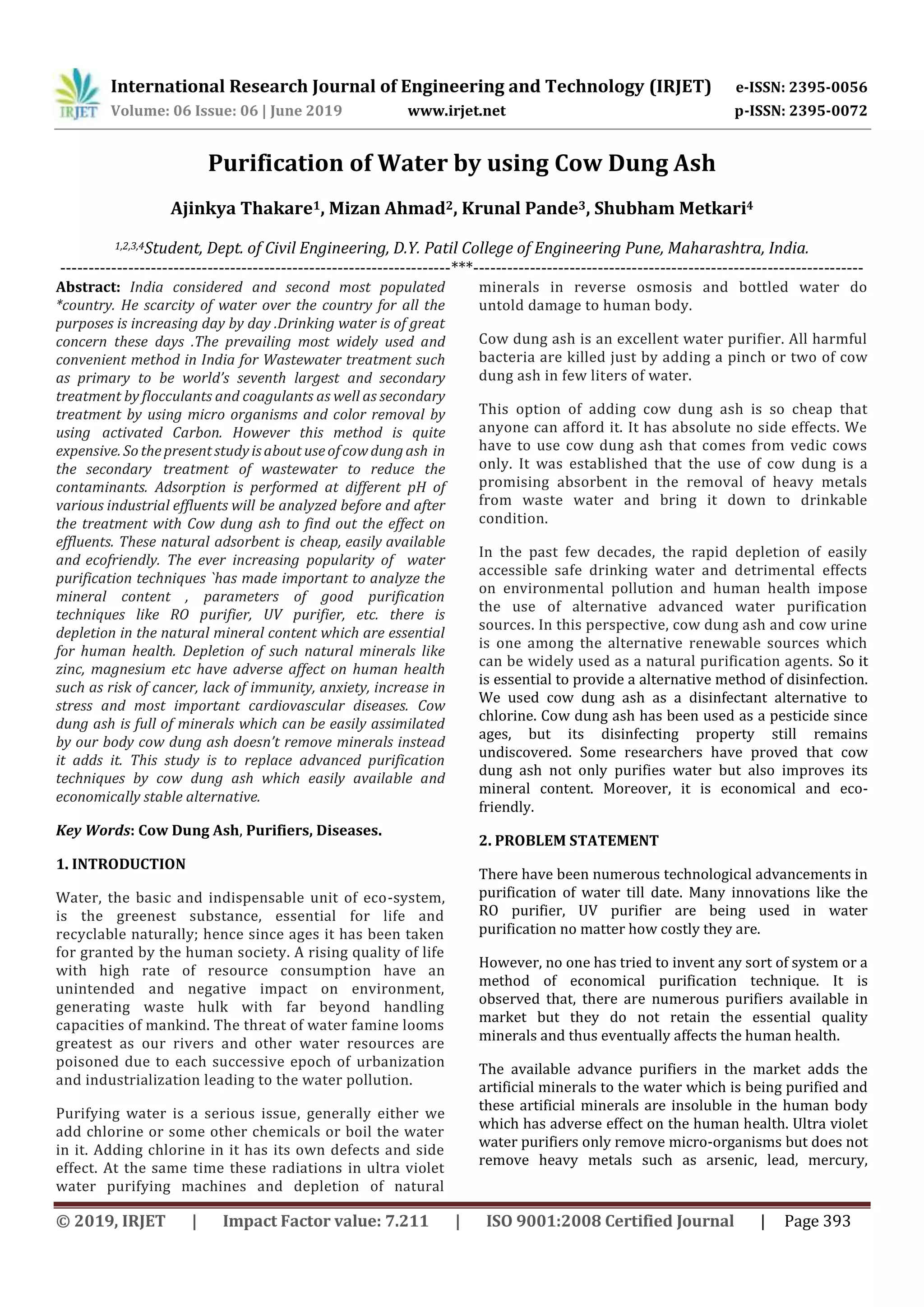 IRJET- Purification of Water by using Cow Dung Ash | PDF