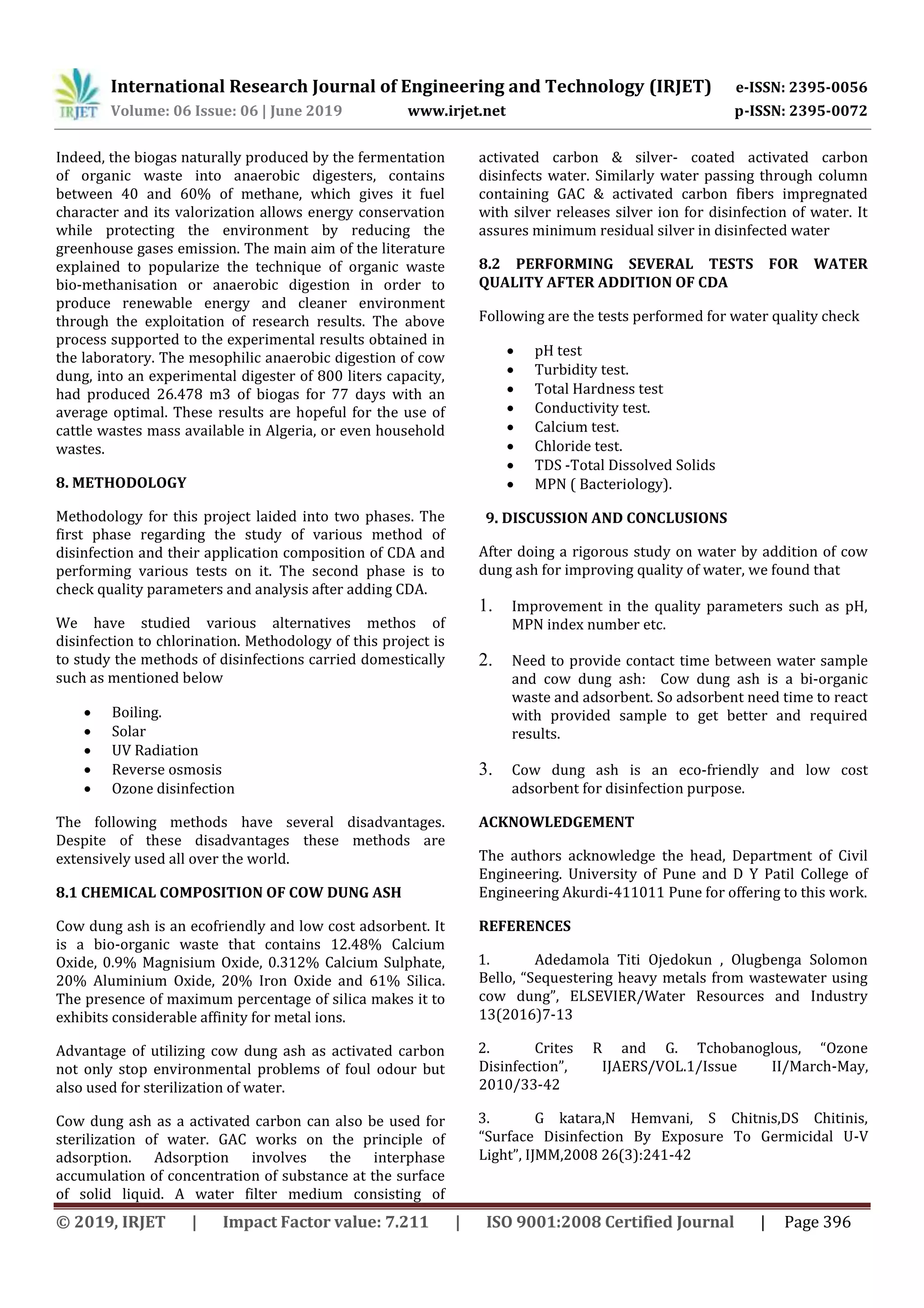 IRJET- Purification of Water by using Cow Dung Ash | PDF