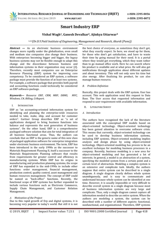 IRJET- Smart Industry ERP | PDF | Computing | Technology & Computing