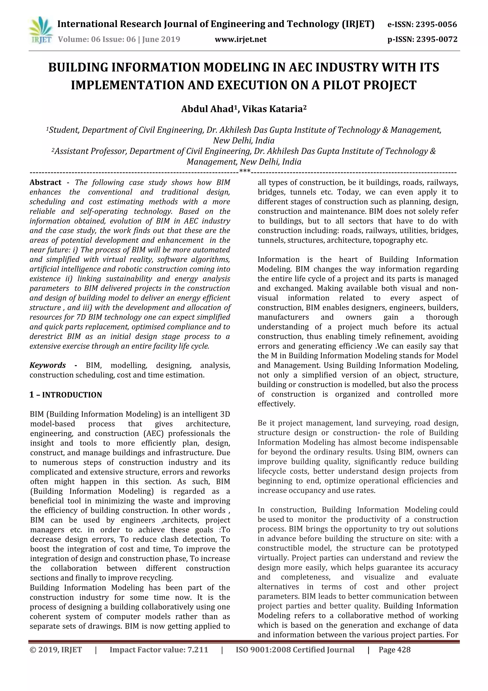 IRJET- Building Information Modeling in AEC Industry with its Implementation and Execution on a ...
