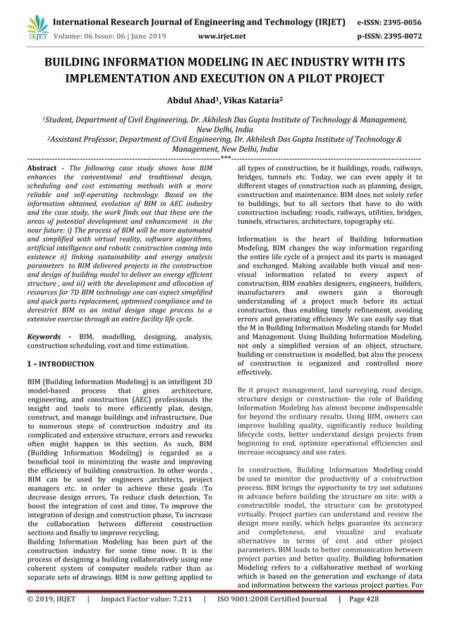 IRJET- Building Information Modeling in AEC Industry with its Implementation and Execution on a ...