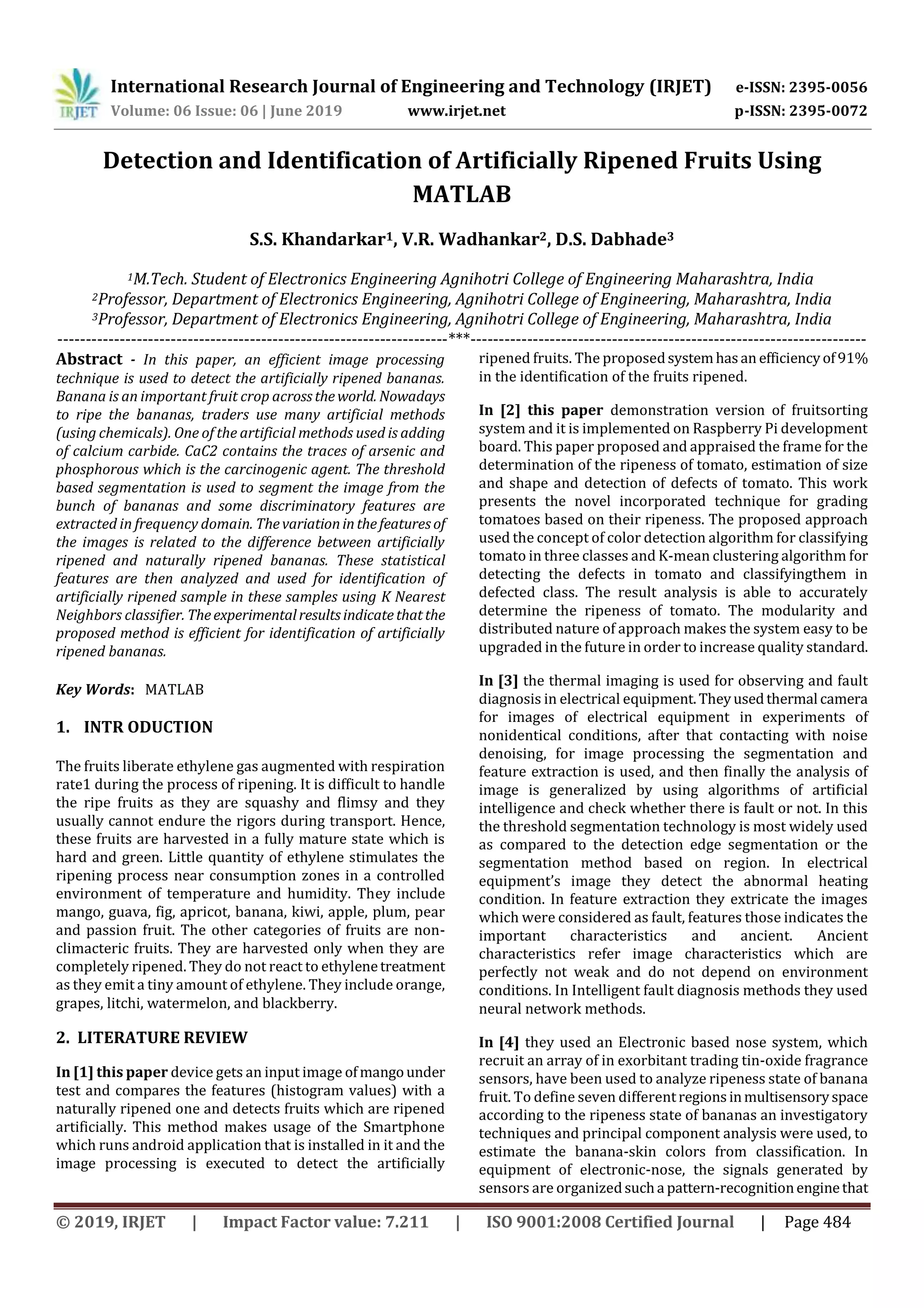 IRJET- Detection and Identification of Artificially Ripened Fruits using MATLAB | PDF