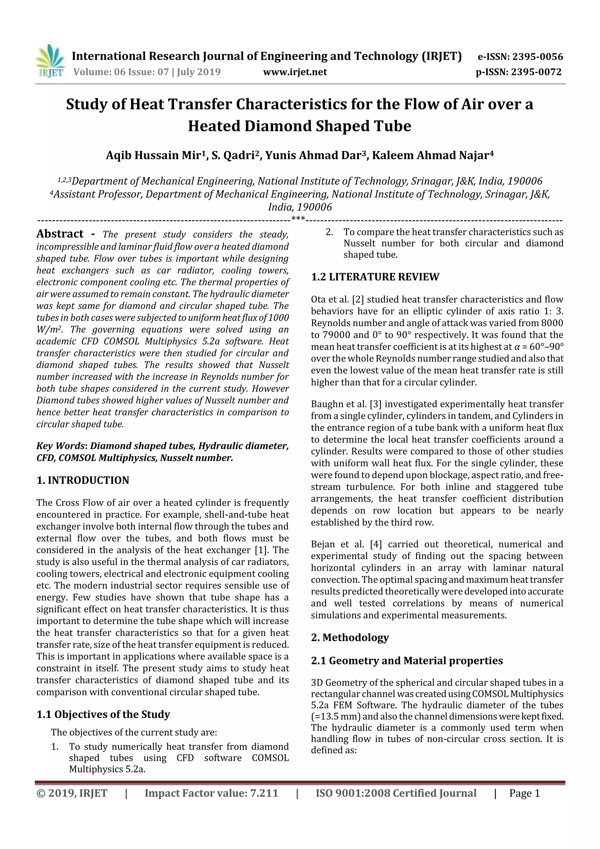 IRJET- Study of Heat Transfer Characteristics for the Flow of Air over ...