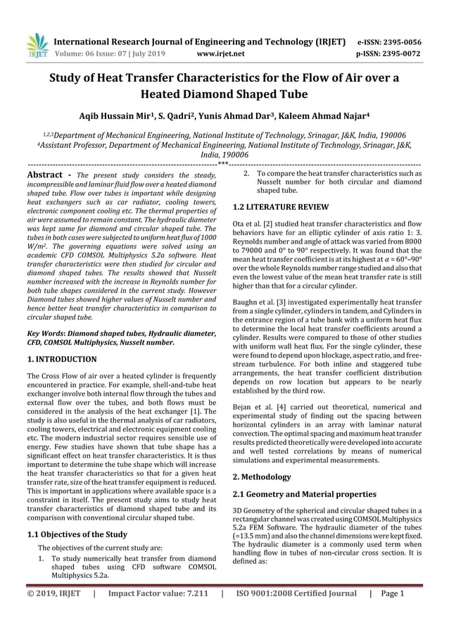 IRJET- Study of Heat Transfer Characteristics for the Flow of Air over ...
