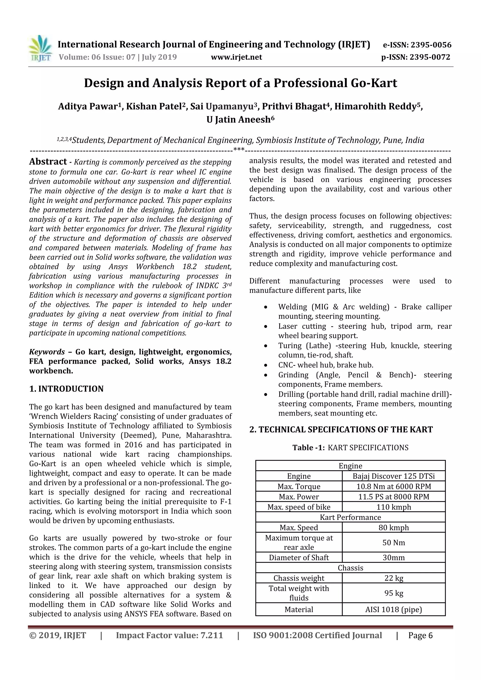 IRJET- Design and Analysis Report of a Professional Go-Kart | PDF