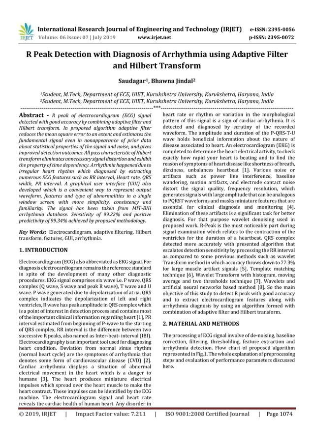 IRJET- R Peak Detection with Diagnosis of Arrhythmia using Adaptive Filter and Hilbert Transform ...