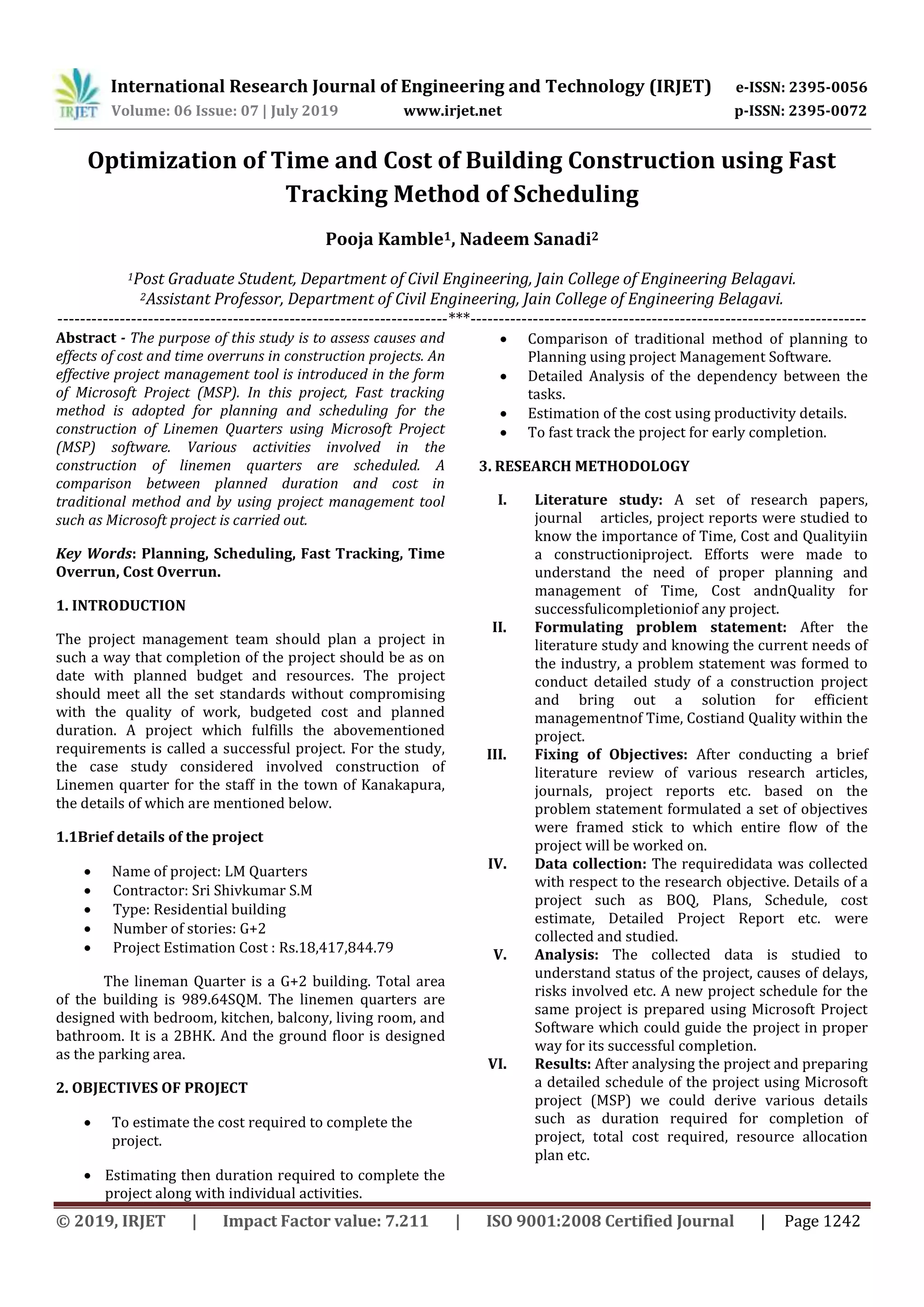 IRJET- Optimization of Time and Cost of Building Construction using Fast Tracking Method of ...