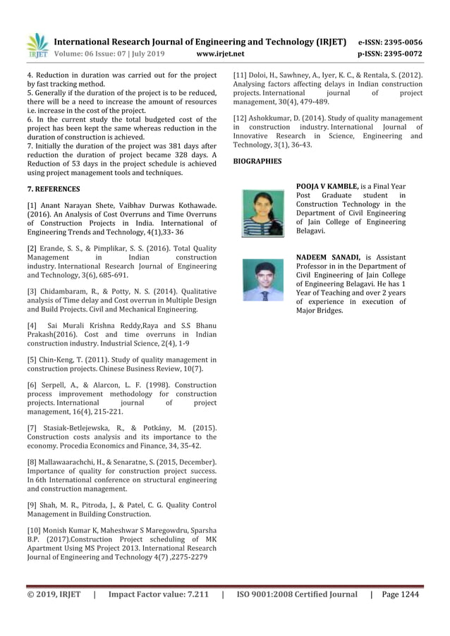 Irjet Optimization Of Time And Cost Of Building Construction Using Fast Tracking Method Of