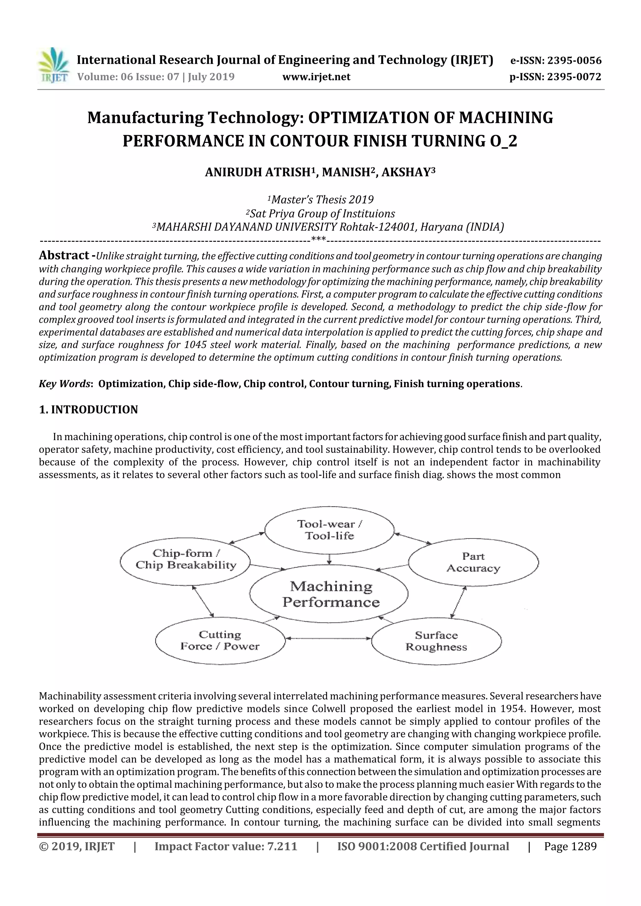 Irjet Manufacturing Technology Optimization Of Machining Performance