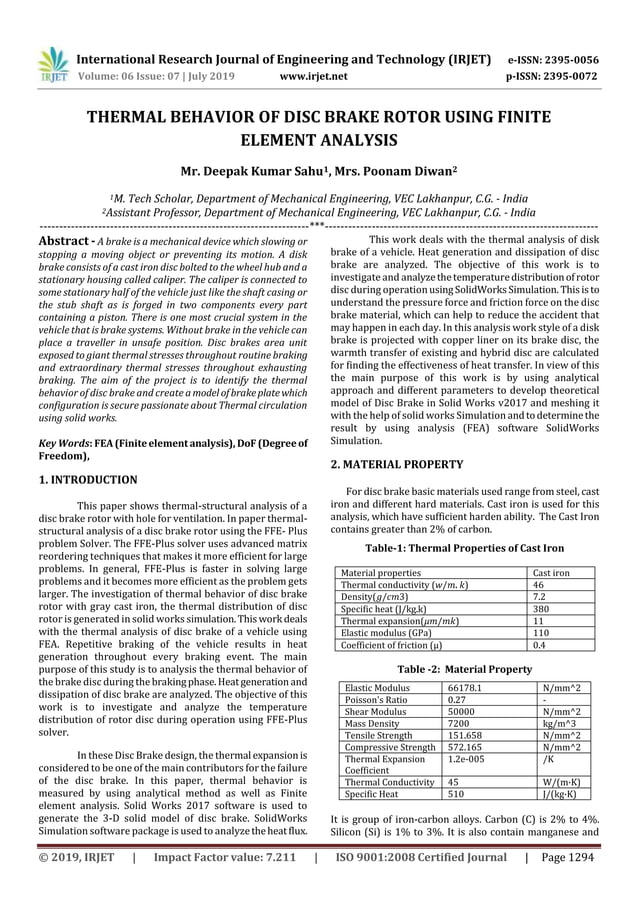 IRJET- Thermal Behavior of Disc Brake Rotor using Finite Element Analysis | PDF