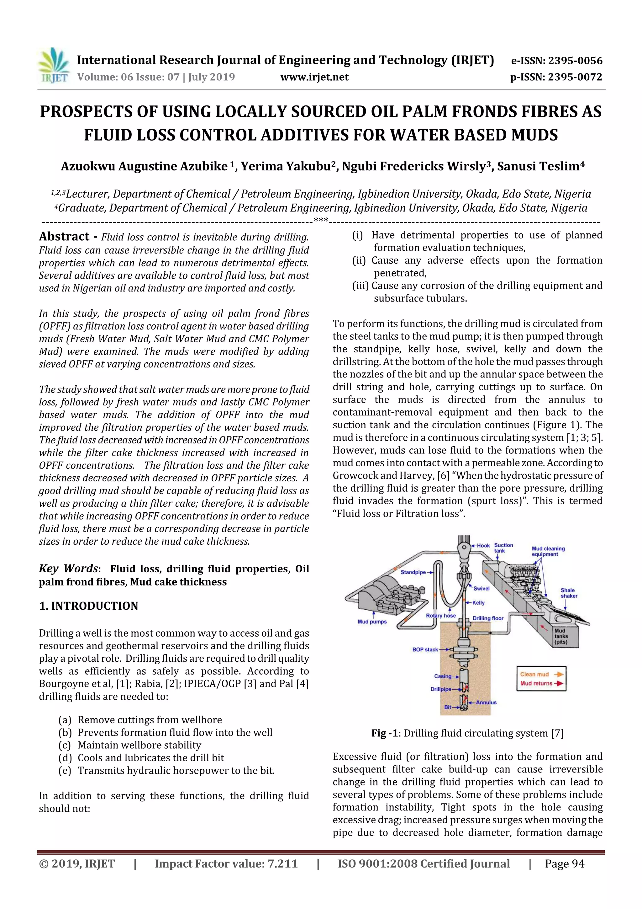 IRJET- Prospects of using Locally Sourced Oil Palm Fronds Fibres as Fluid Loss Control Additives ...
