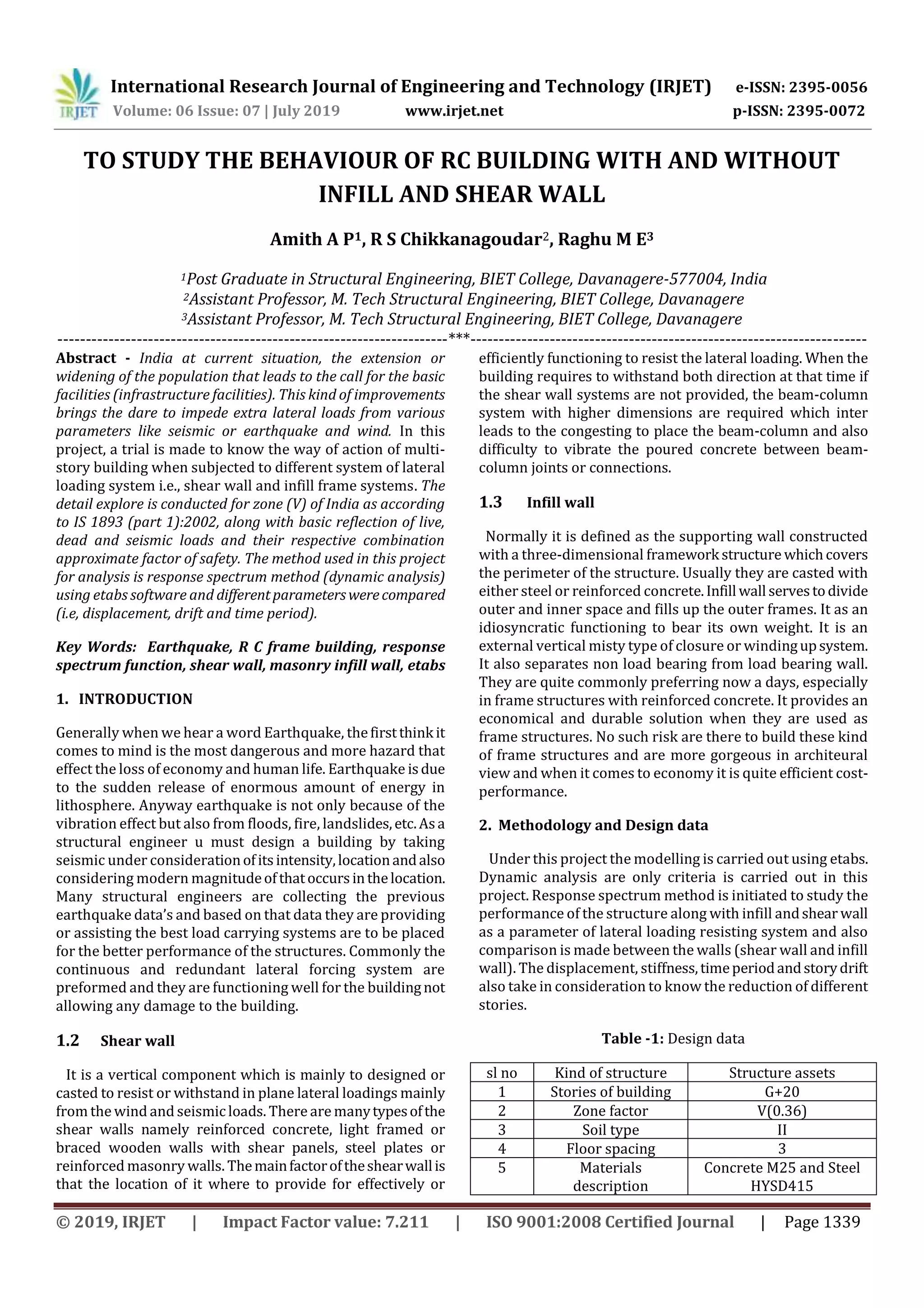 IRJET- To Study the Behaviour of RC Building with and without Infill and Shear Wall | PDF