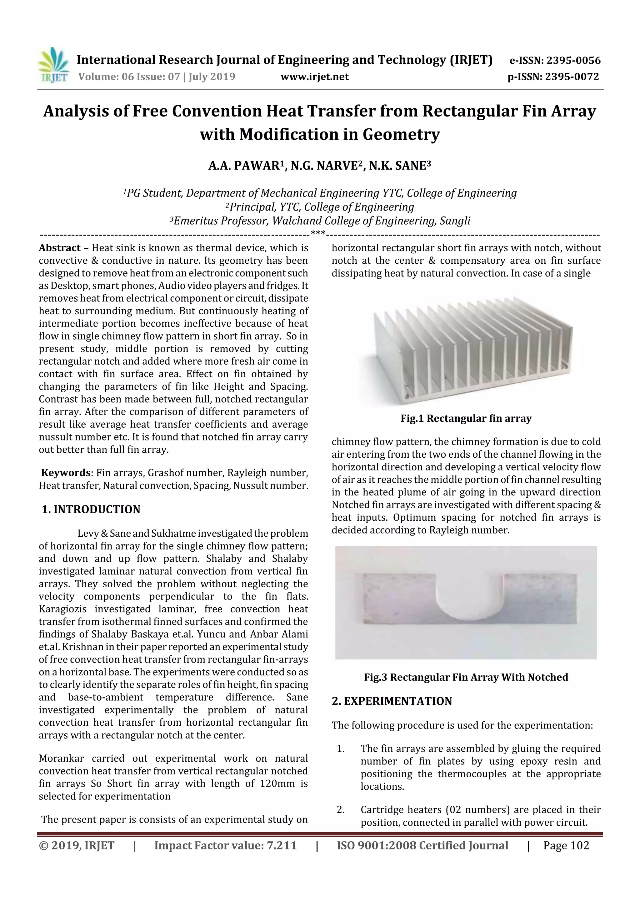 IRJET- Analysis of Free Convention Heat Transfer from Rectangular Fin ...