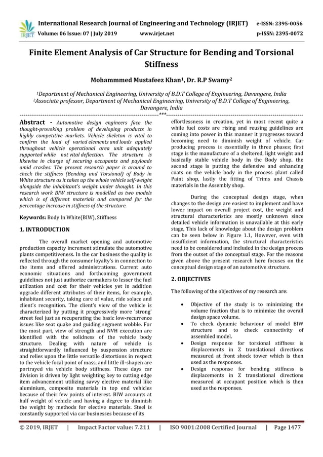 IRJET- Finite Element Analysis of Car Structure for Bending and Torsional Stiffness | PDF | Auto ...