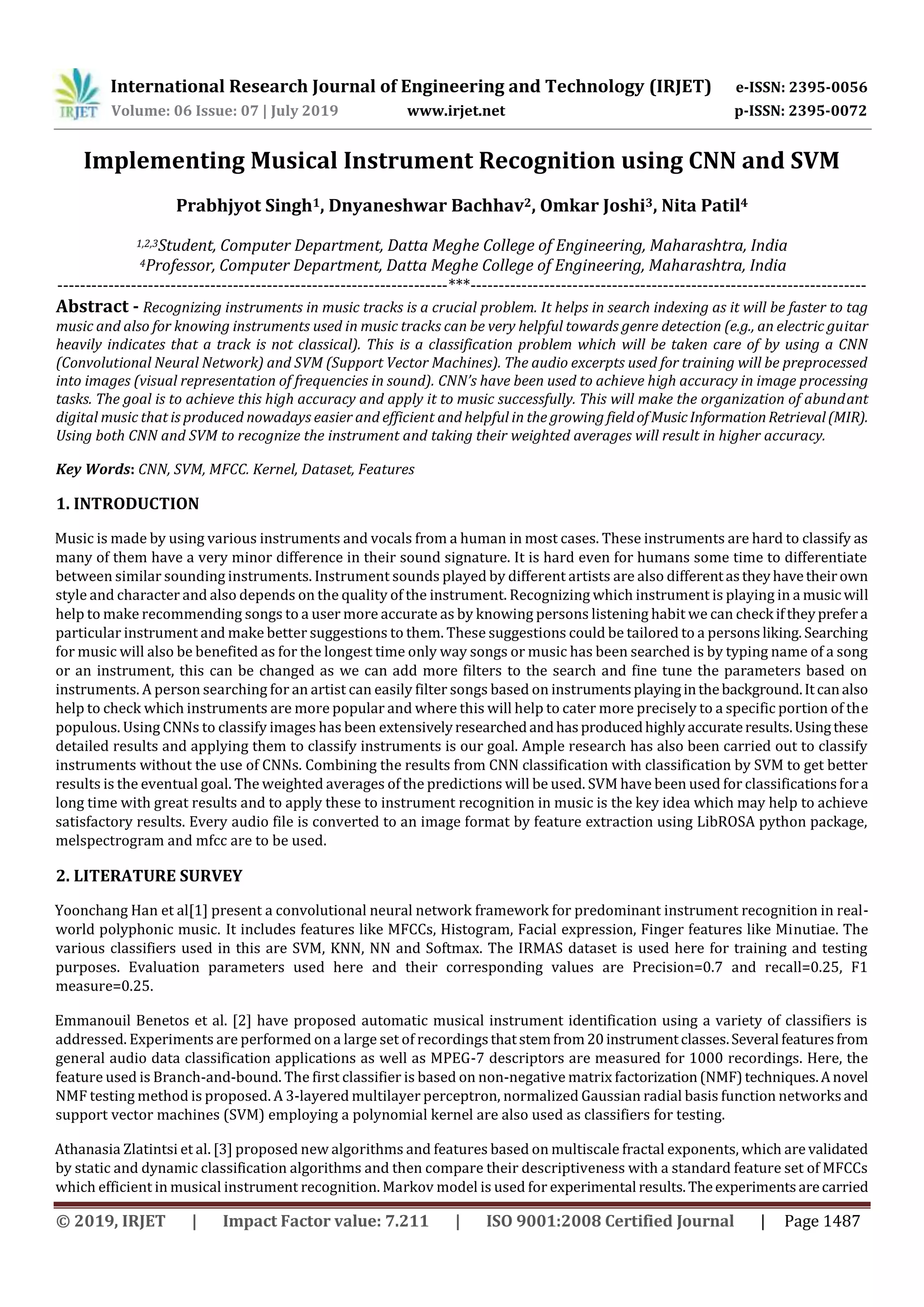 IRJET- Implementing Musical Instrument Recognition using CNN and SVM | PDF