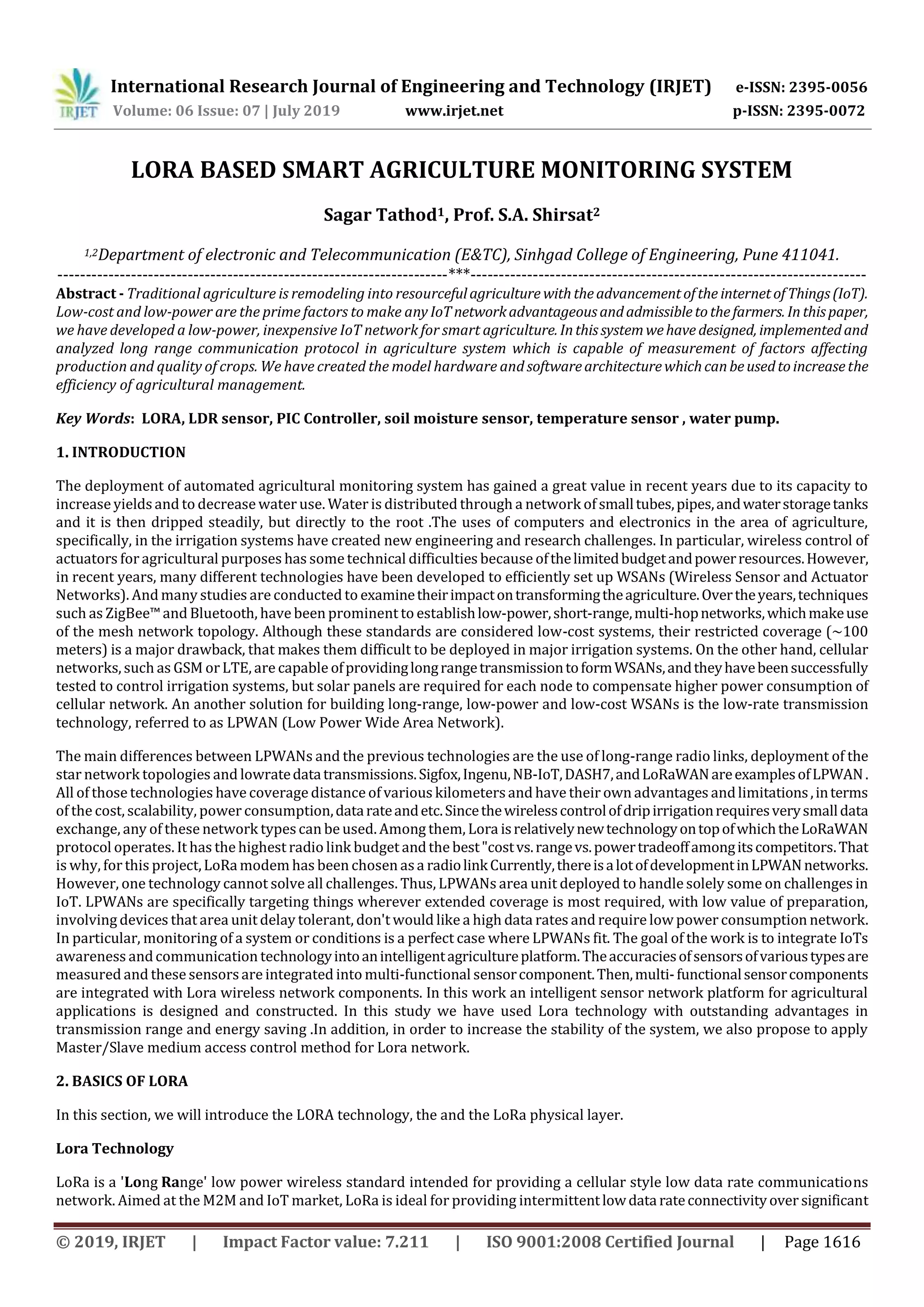 IRJET- Lora based Smart Agriculture Monitoring System | PDF