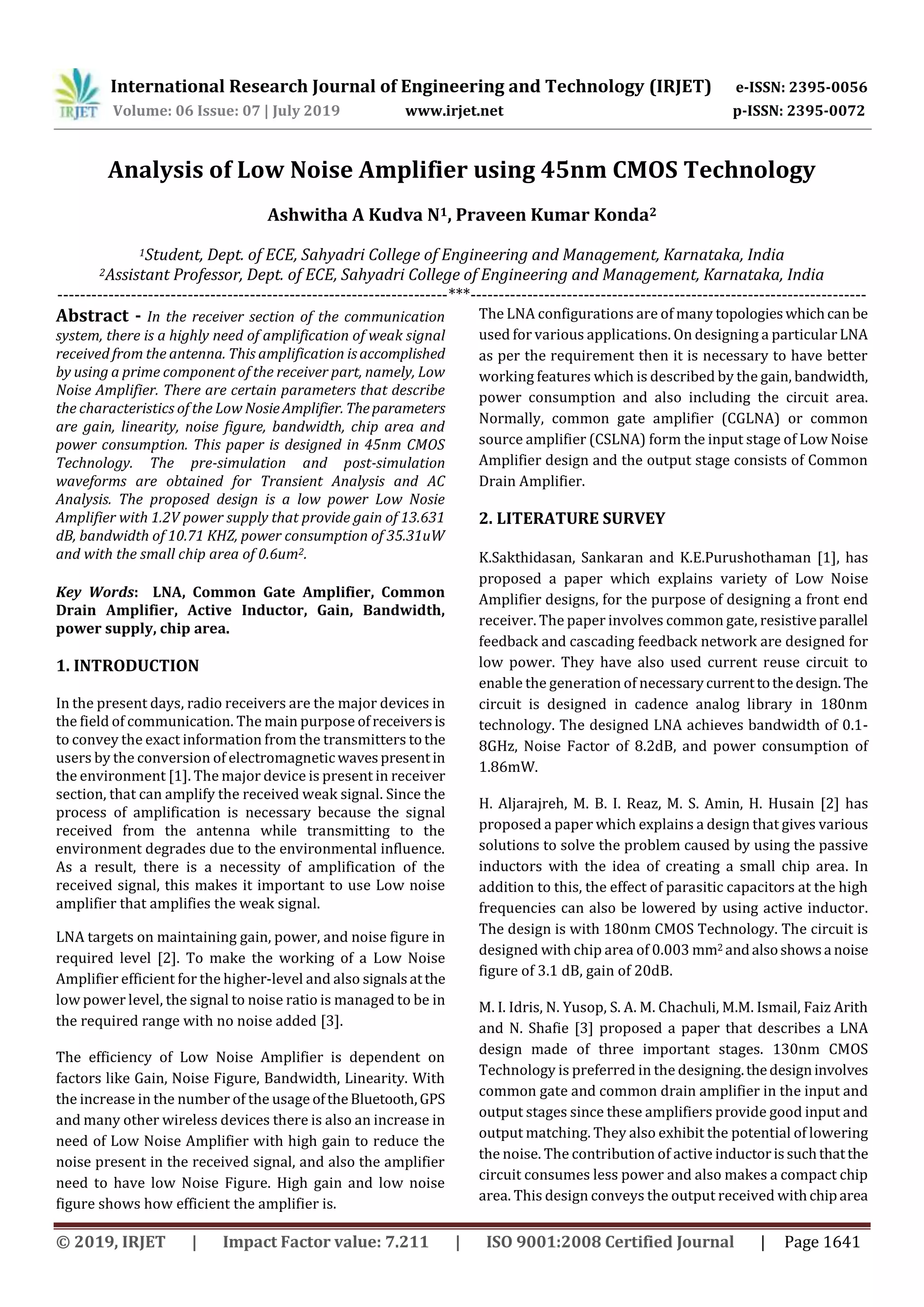 IRJET- Analysis of Low Noise Amplifier using 45nm CMOS Technology | PDF
